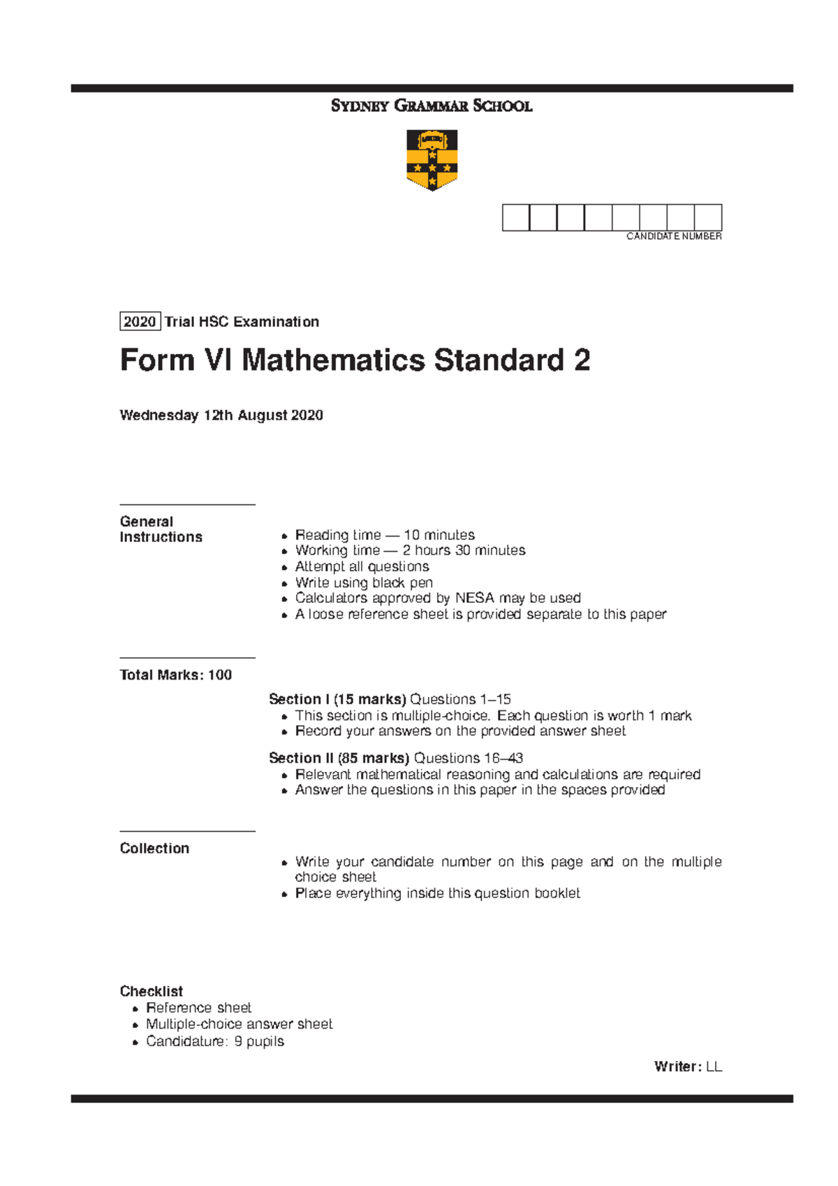 2020 Sydney Grammar School - S2 - CANDIDATE NUMBER 2020 Trial HSC ...