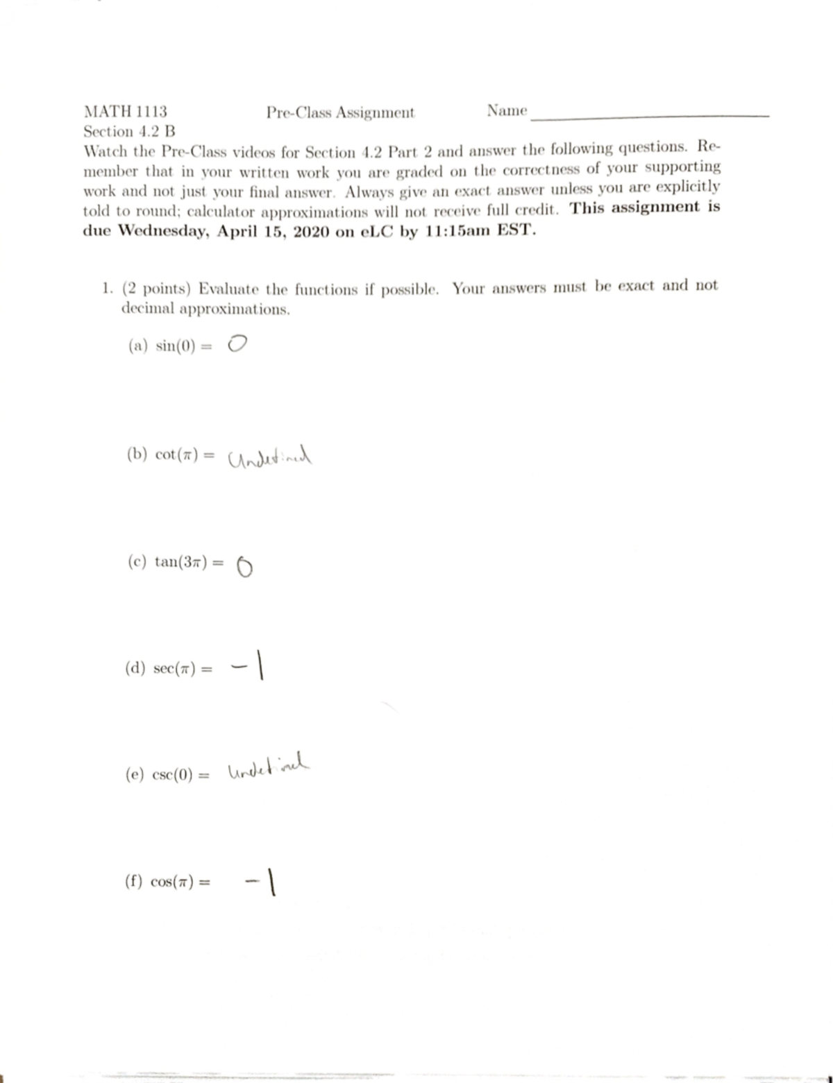 4.2b pre class - homework. - Math2500 - Studocu