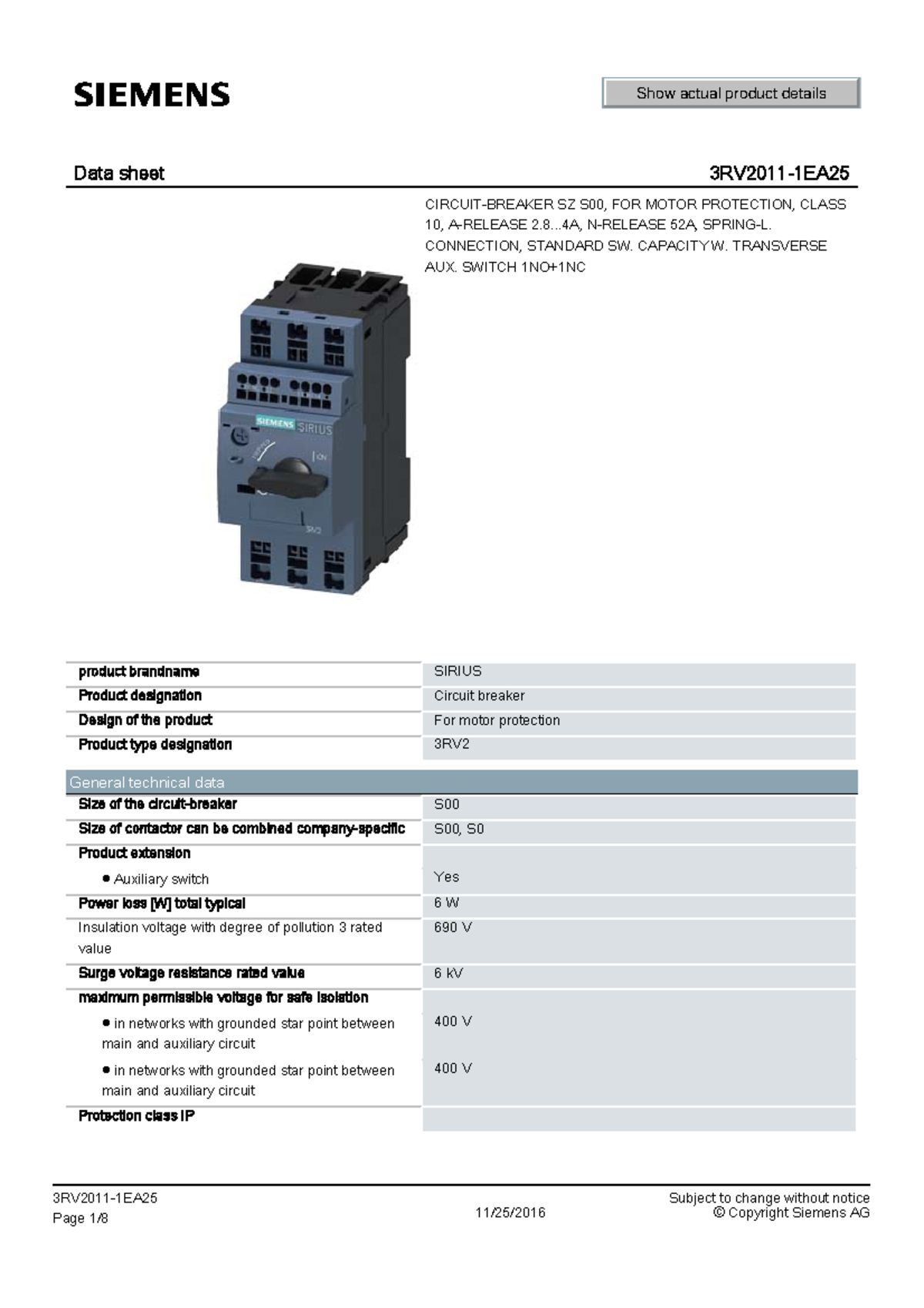3RV2011-1EA25 en - 电气元件说明书 - Data sheet 3RV2011-1EA CIRCUIT-BREAKER SZ ...