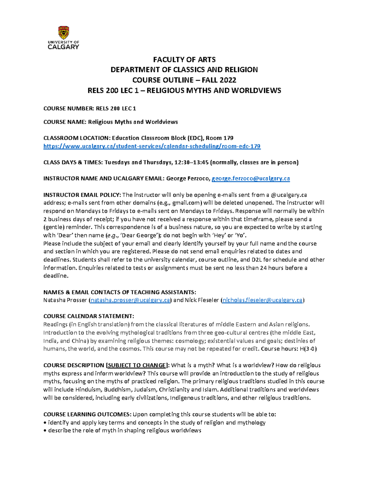 RELS 200 LEC 1 F22 Outline Ferzoco - FACULTY OF ARTS DEPARTMENT OF CLASSICS AND RELIGION COURSE ...