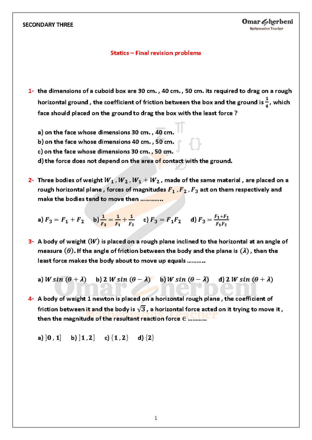 Statics - final revision problems 2021 - THREE Statics – Final revision ...