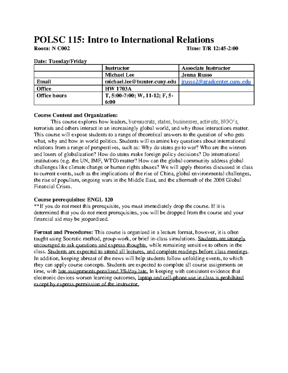Syllabus - POLSC 115.00 - Hunter College - Studocu