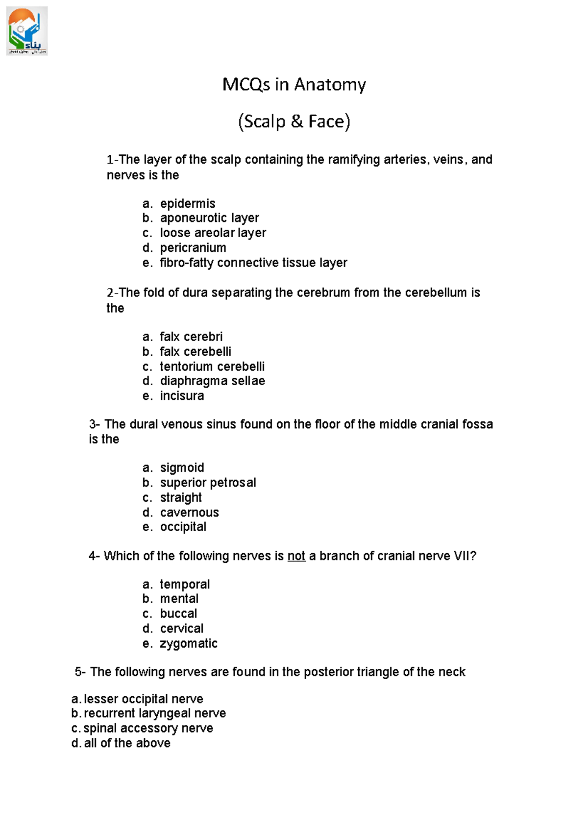 MCQs+in+Anatomy%28scalp+%26+face%29 - MCQs in Anatomy (Scalp & Face ) 1-The layer of the scalp ...