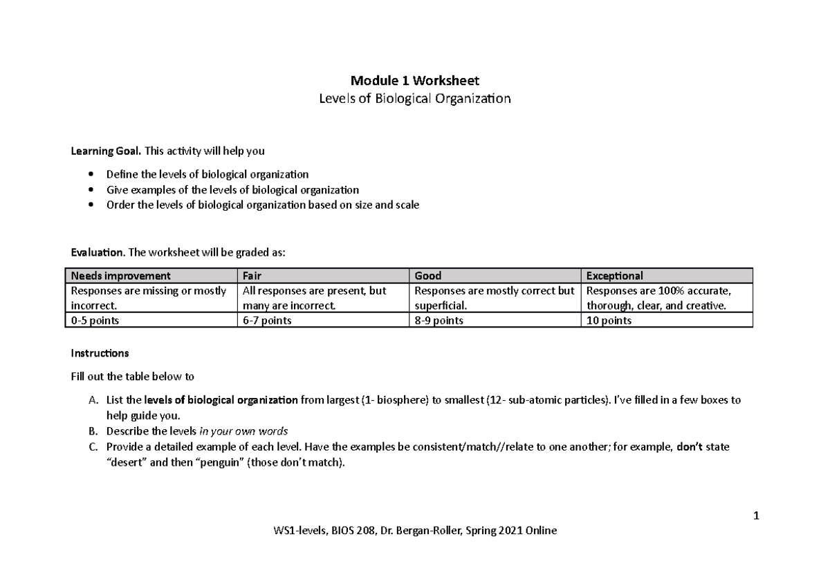 Worksheet 1-levels of bio organizations - Module 1 Worksheet Levels of ...