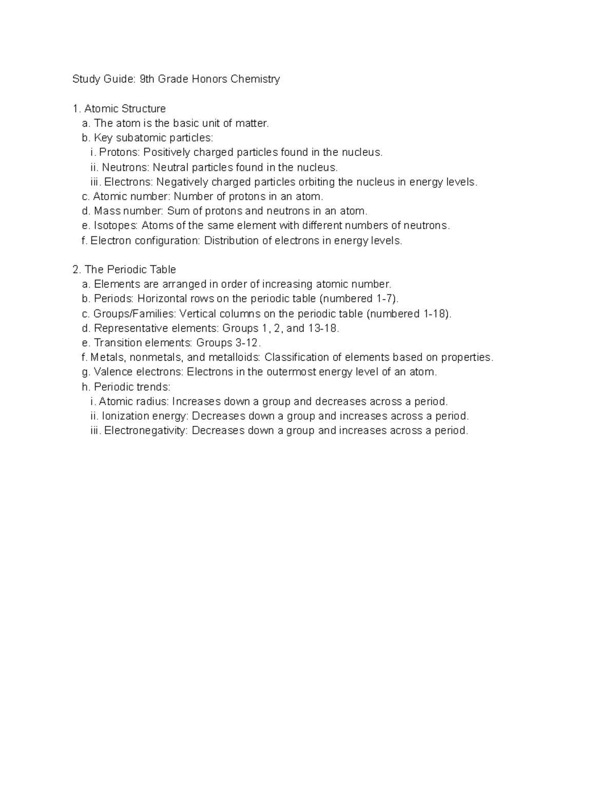 Honors Physical Science Chemistry notes (overview of whole unit ...