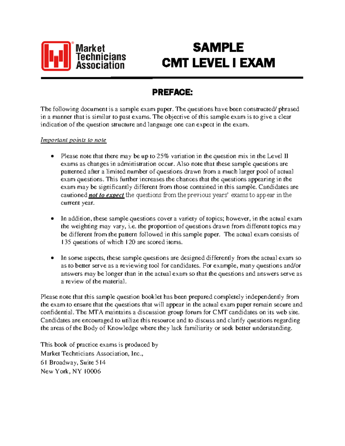 Sample CMT Level I EXAM Preface - SAMPLE CMT LEVEL I EXAM PREFACE: The ...