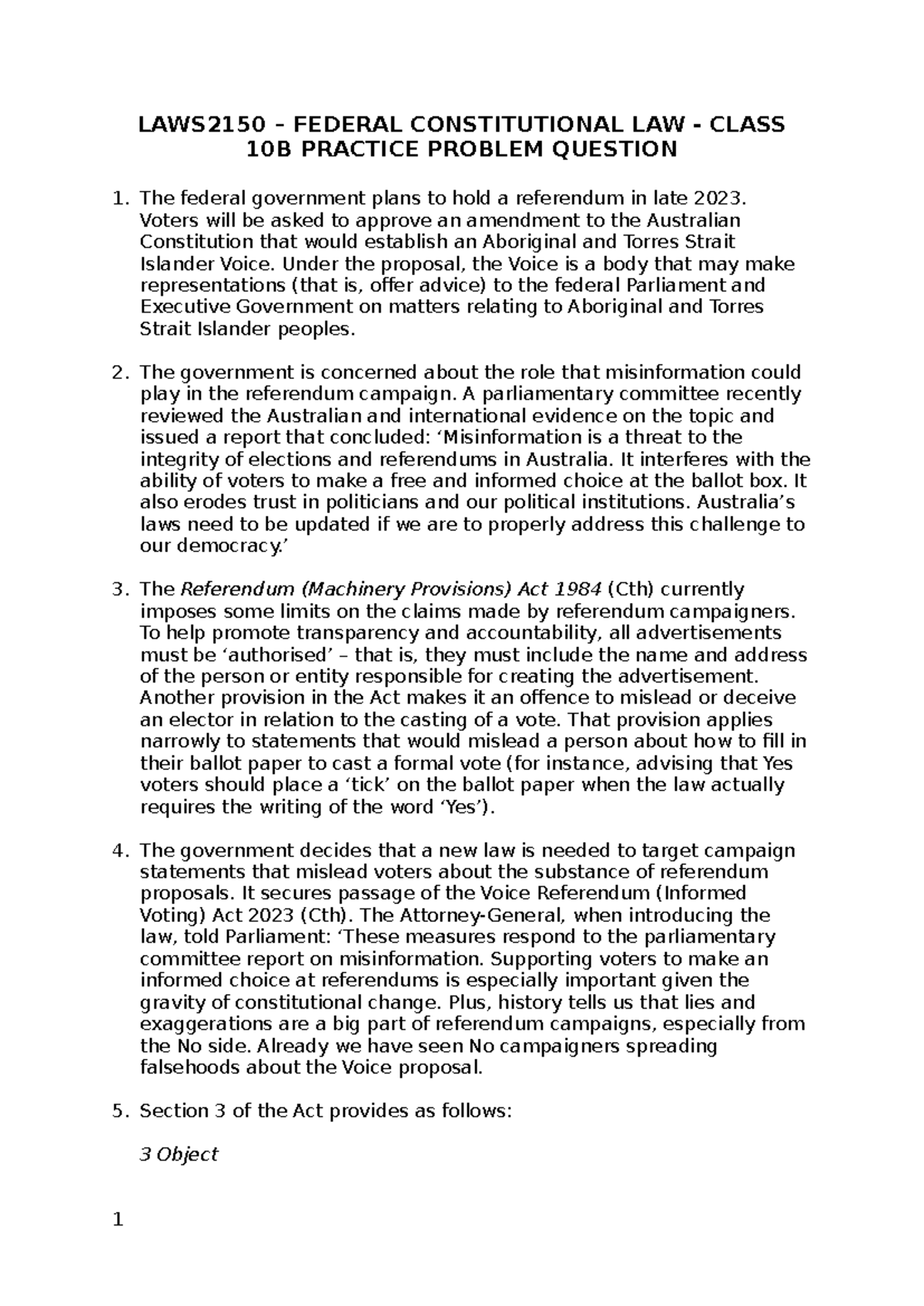 Class 10B Problem Question - LAWS2150 – FEDERAL CONSTITUTIONAL LAW ...