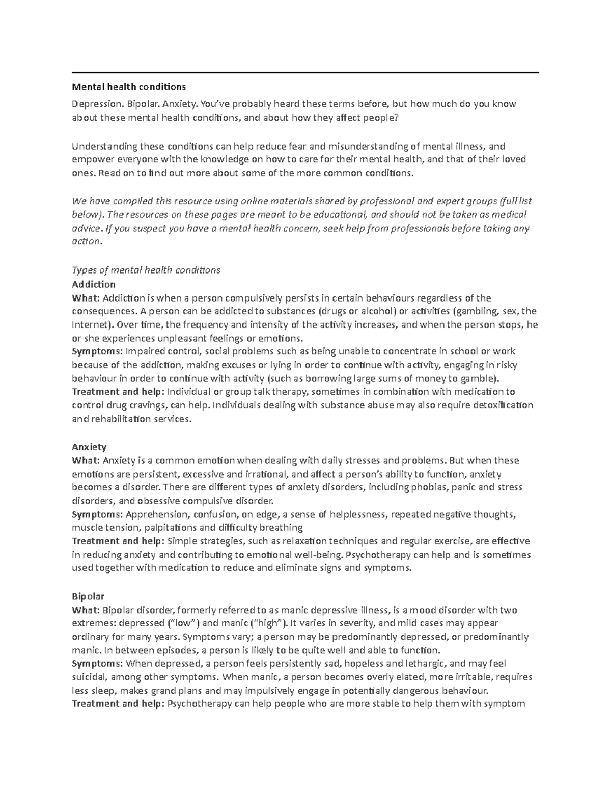 Psychological Disorder - Mental health conditions Depression. Bipolar ...