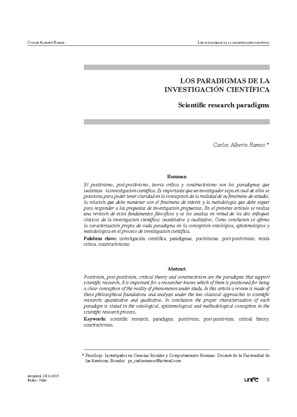 Lectura Paradigmas - Av. 23(1) 2015 LOS PARADIGMAS DE LA INVESTIGACIÓN ...