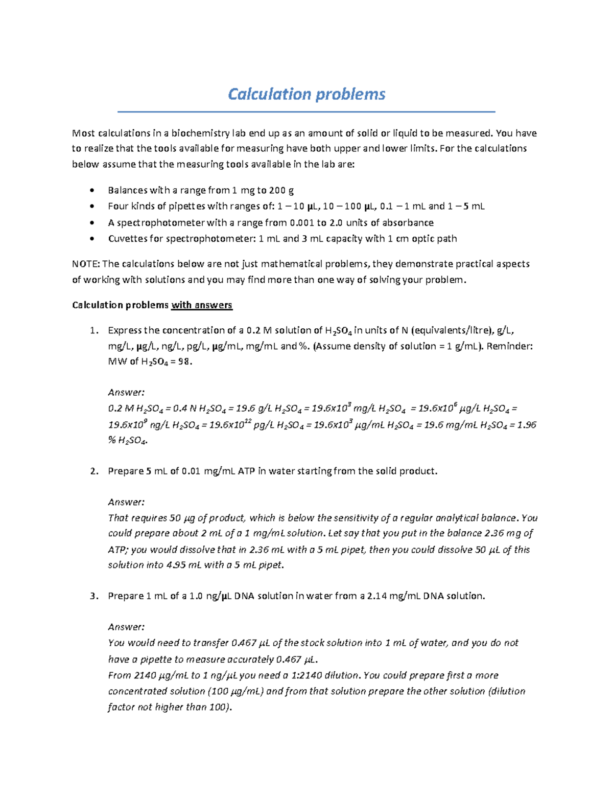 Calculation problems BCH2333 with answers - Calculation problems Most ...