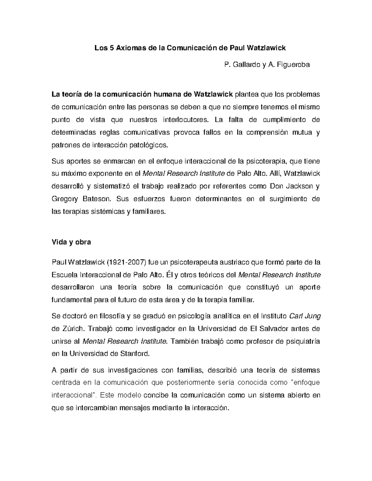 Los 5 Axiomas de la Comunicacion de Paul - Gallardo y A. Figueroba La ...