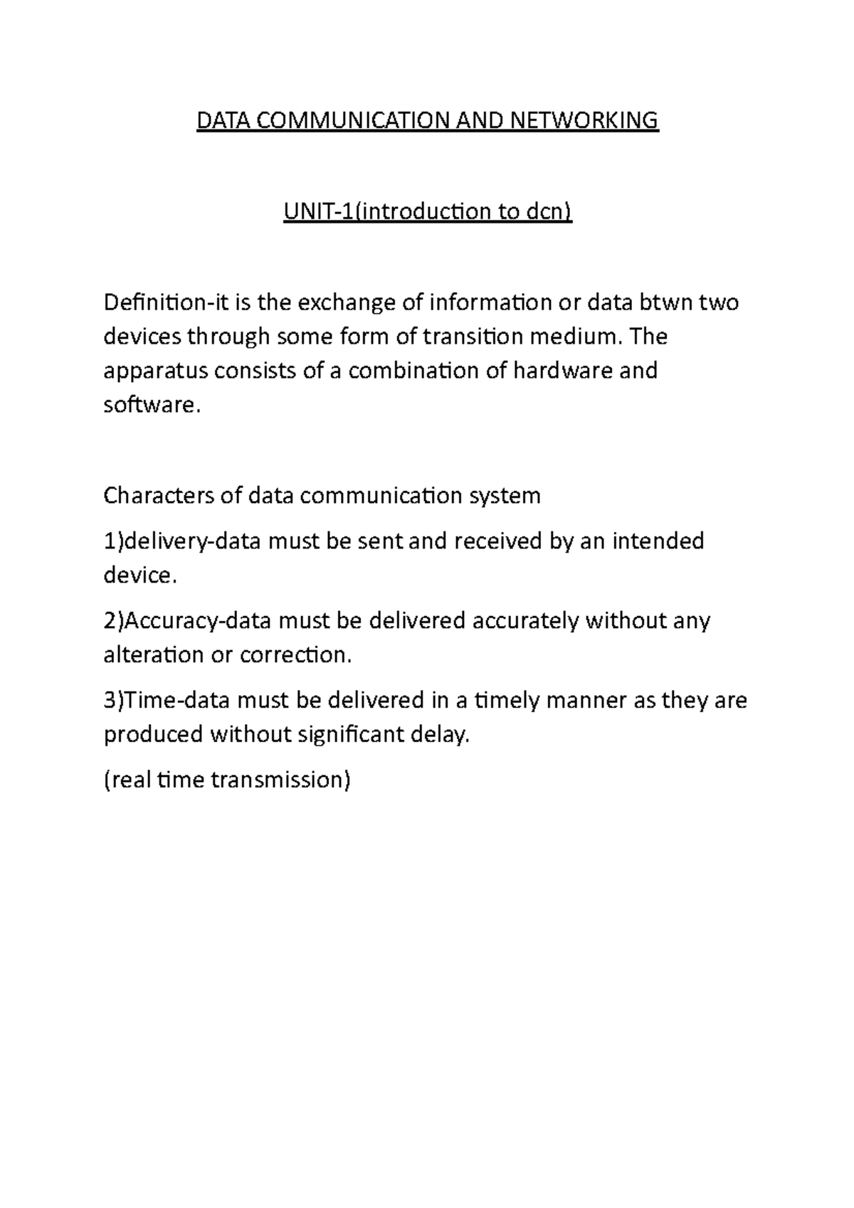 Dcn Unit 1 Lecture Notes Of Dcn Unit 1 Data Communication And Networking Unit 1 Introduction