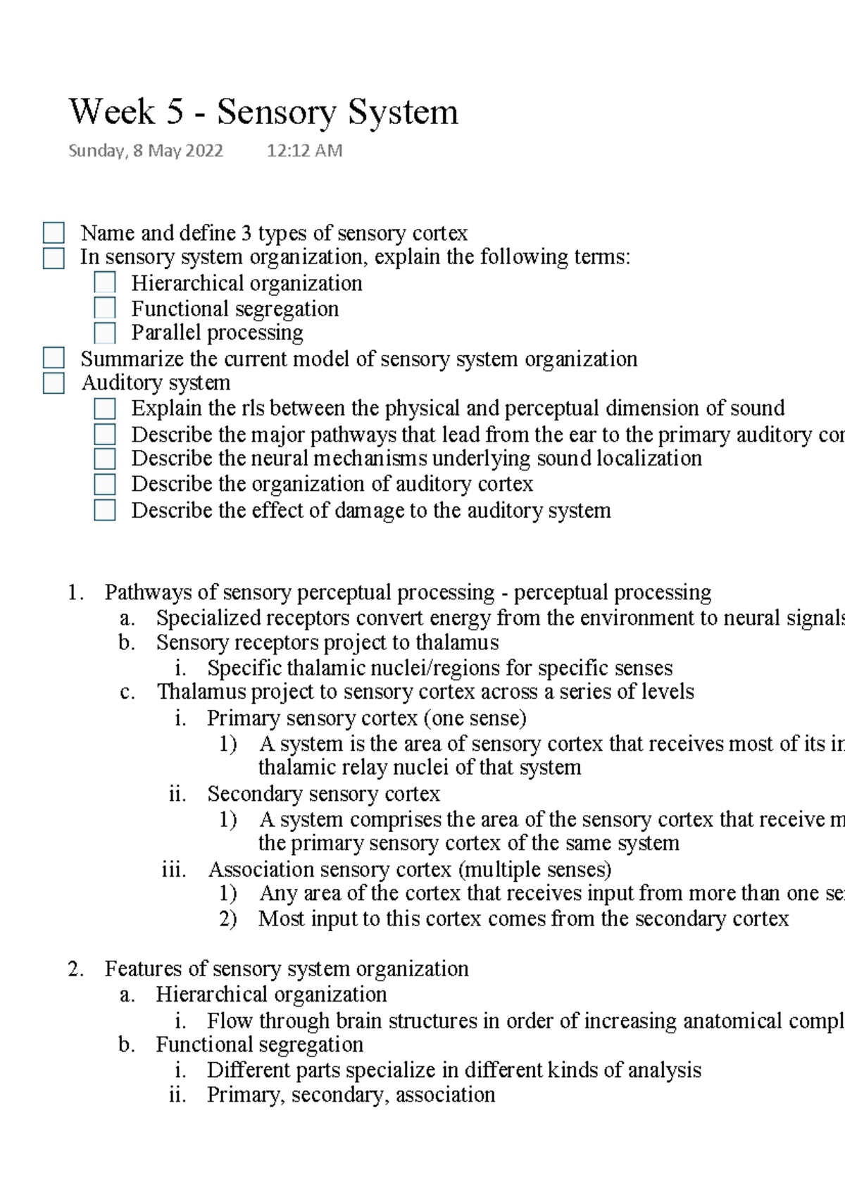 Week 5 Sensory System Summary Of Lecture Notes Plus Textbook Reading Name And Define 3