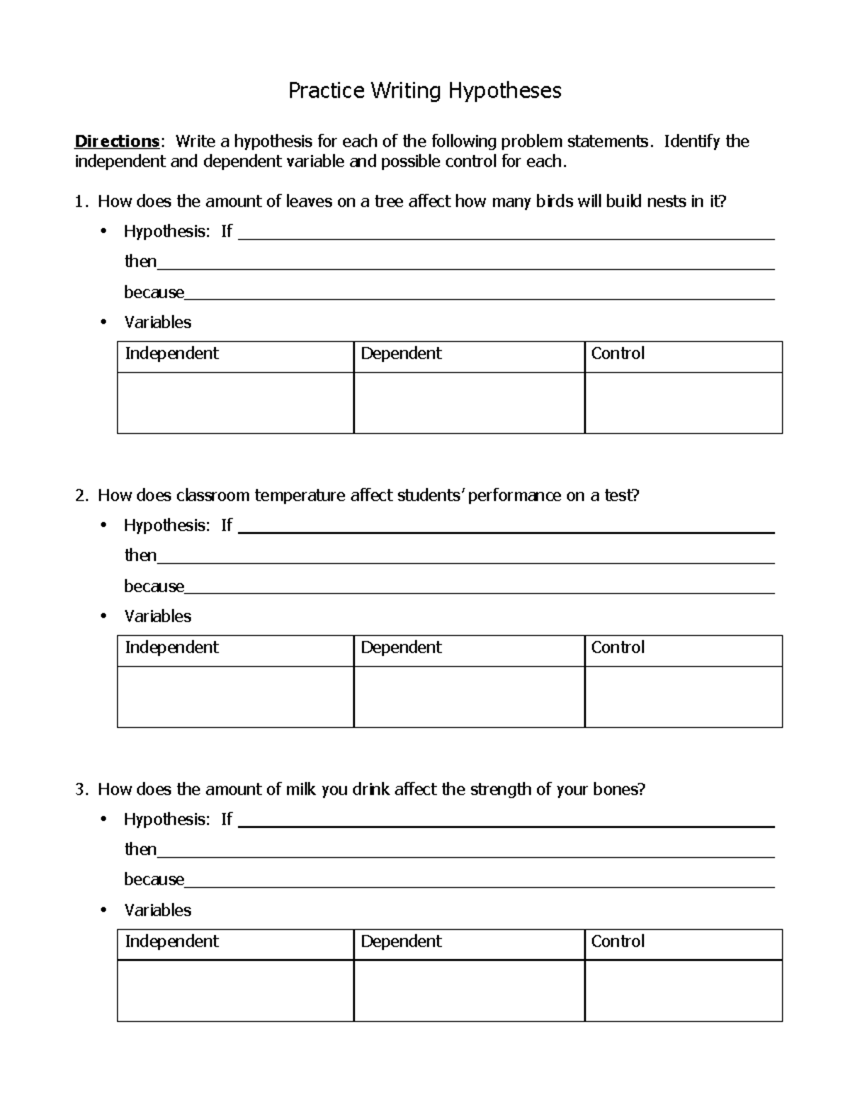5. Hypothesis Practice - Practice Writing Hypotheses Directions: Write ...