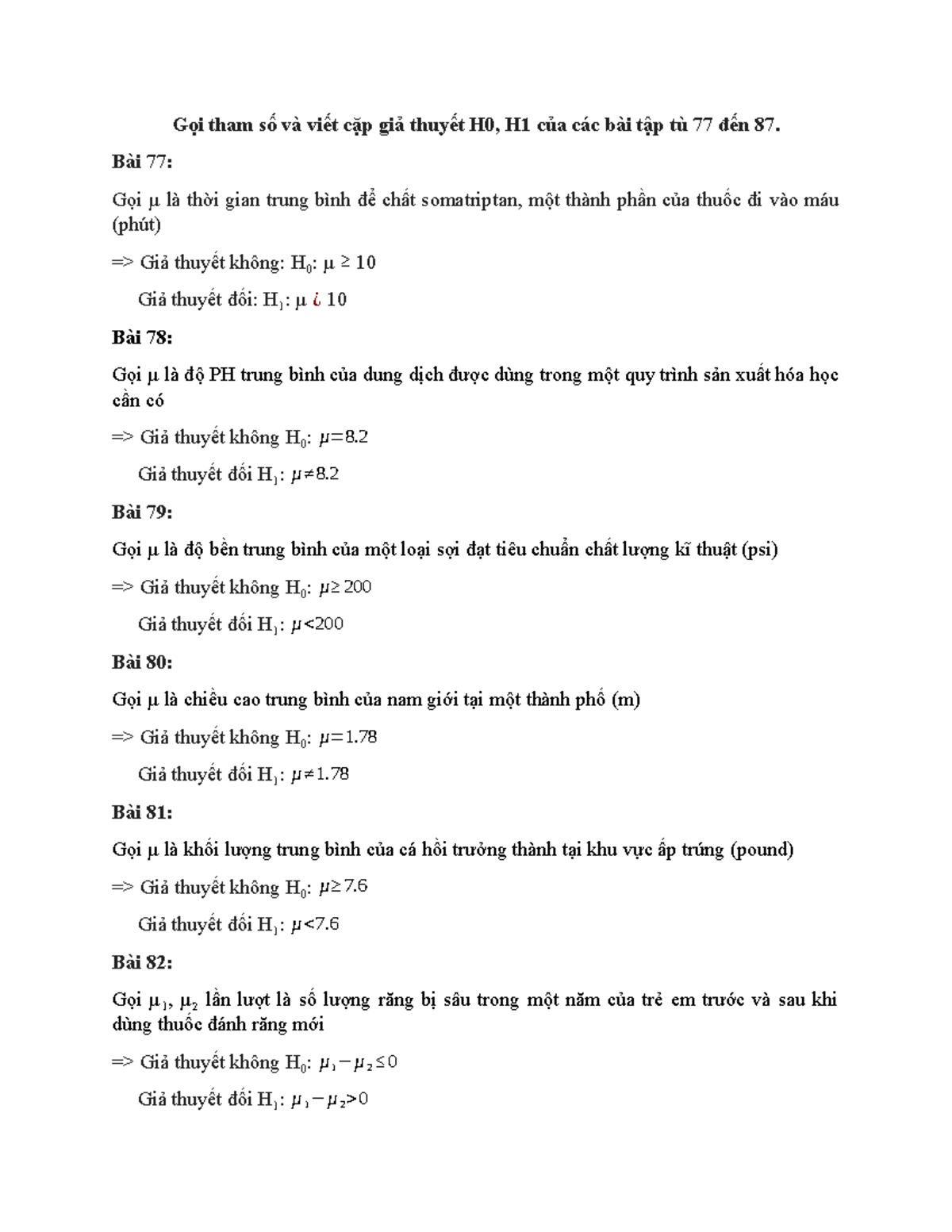Lopco - chill - Gọi tham số và viết cặp giả thuyết H0, H1 của các bài tập tù 77 đến 87. Bài 77 ...