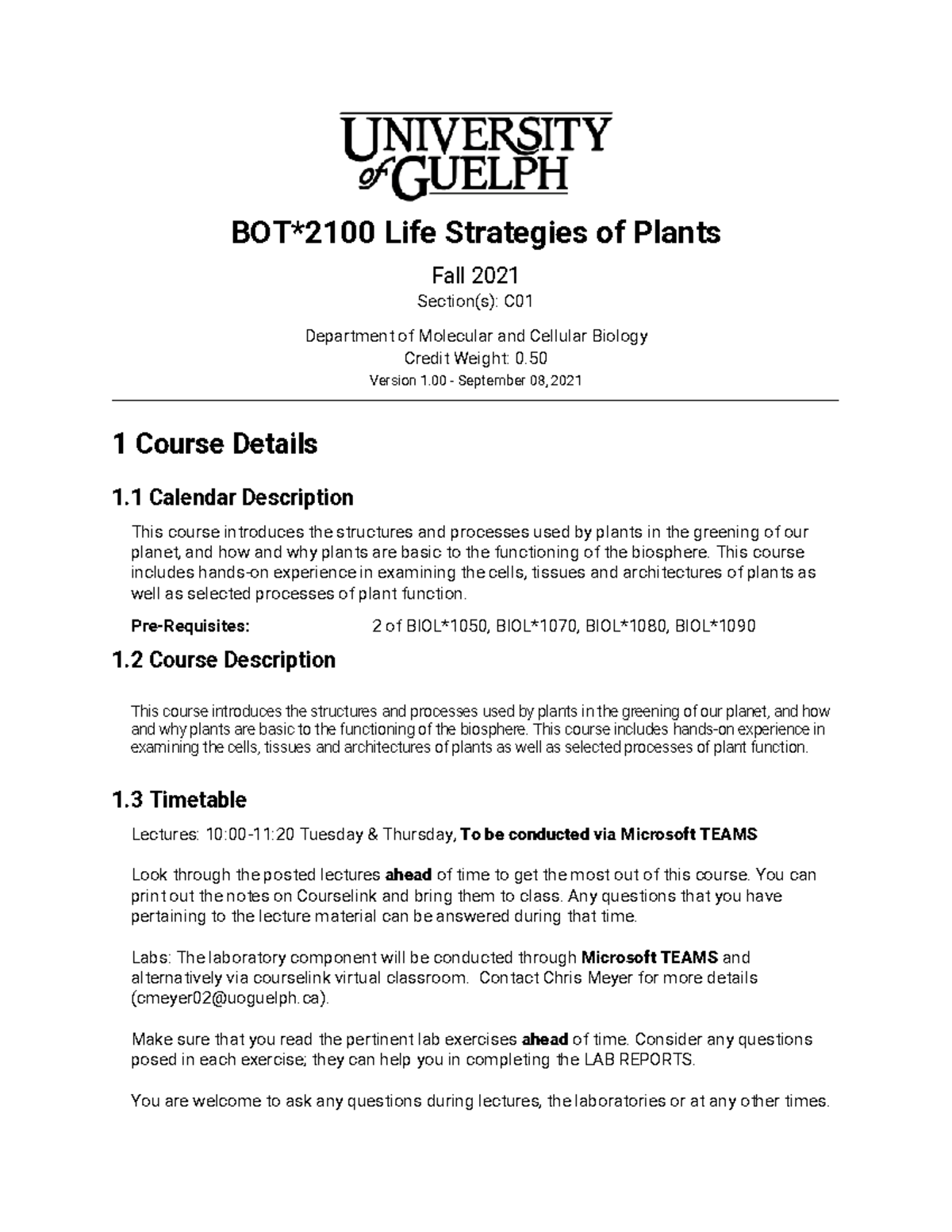 BOT 2100 Course Outline - BOT*2100 Life Strategies of Plants Fall 2021 ...