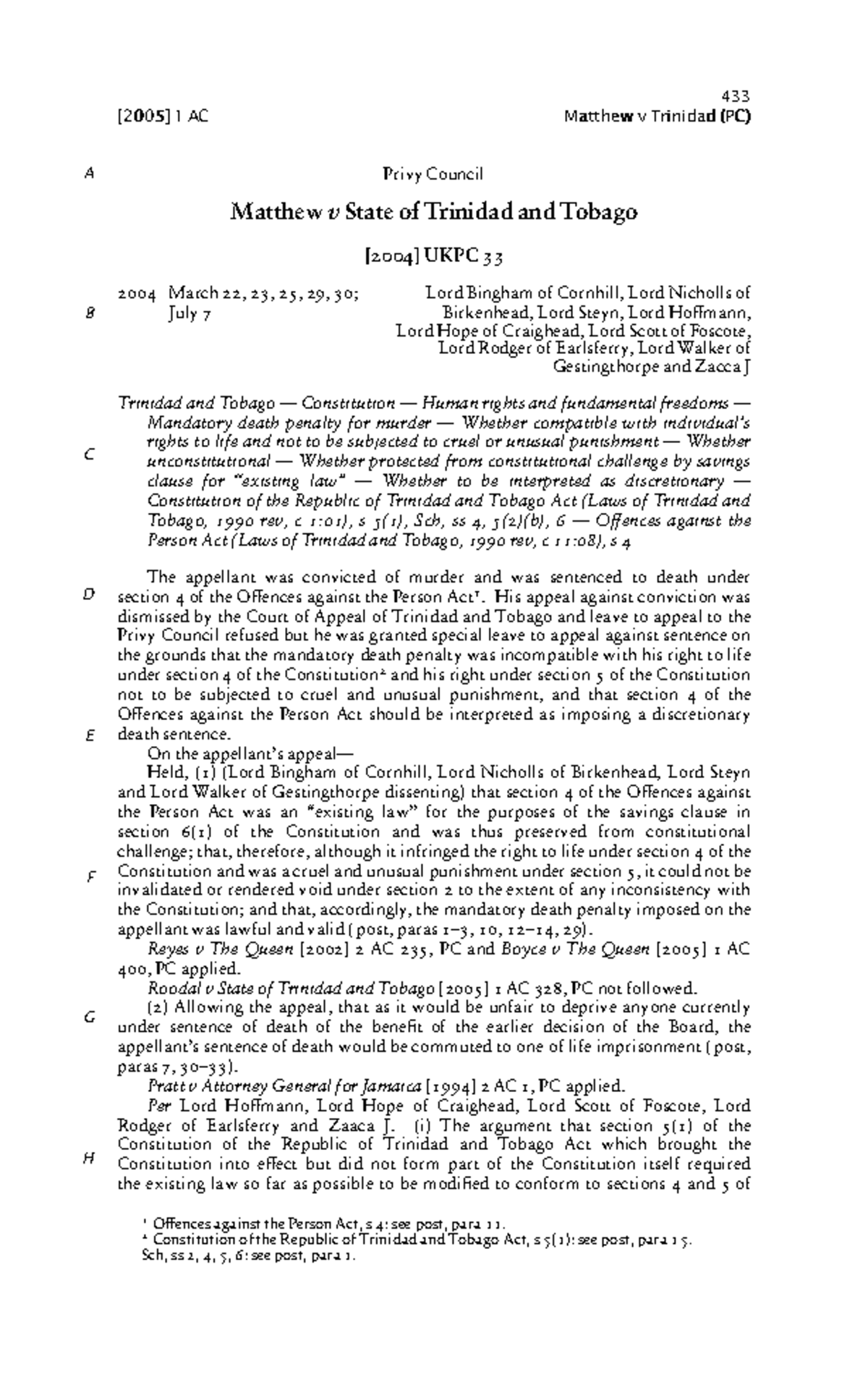 Matthew v State of Trinidad and Tobago [2005 ] 1 AC 433-1 - Privy ...