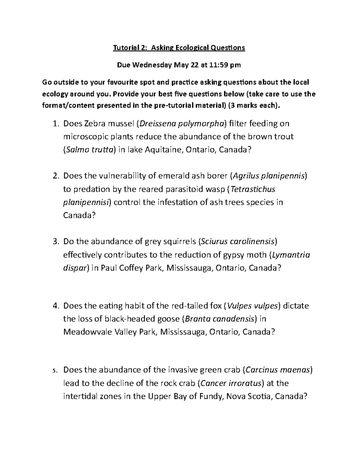 Tutorial 2 Worksheet - Tutorial 2: Asking Ecological Questions Due ...