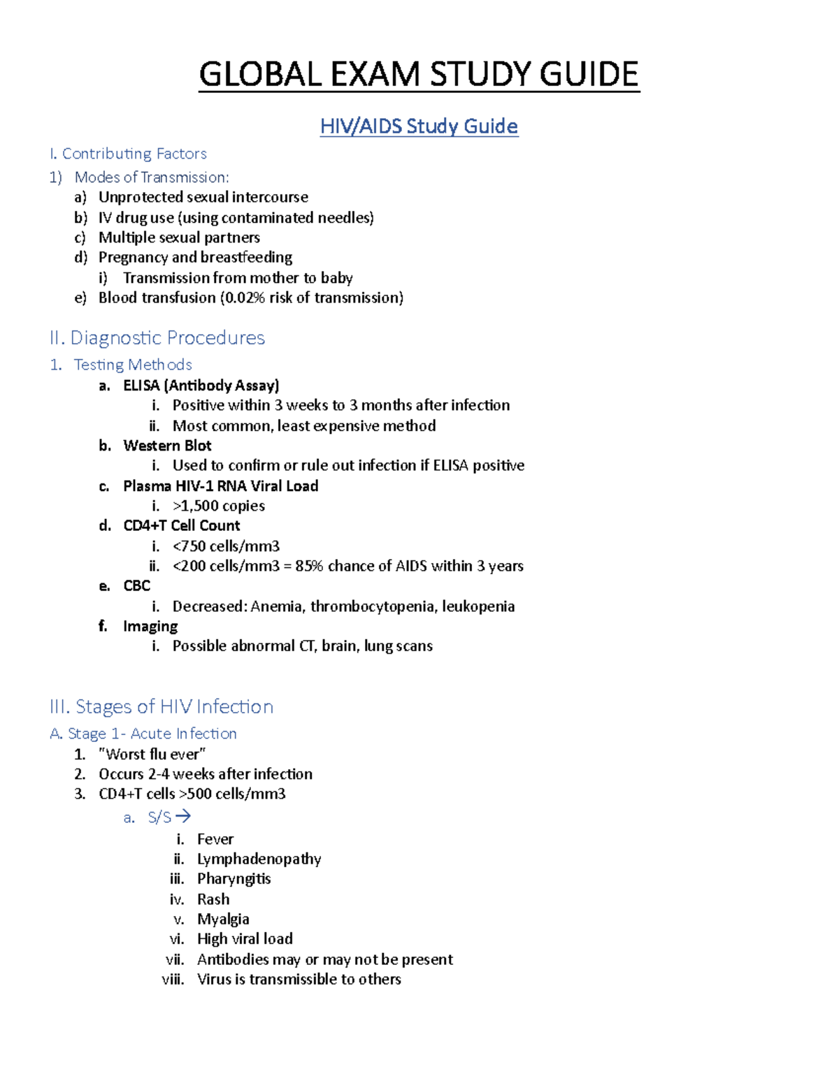 Global Study Guide - GLOBAL EXAM STUDY GUIDE HIV/AIDS Study Guide I ...