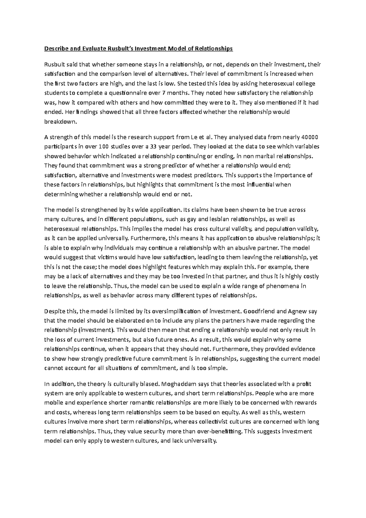 Describe and Evaluate Rusbults Investment Model of Relationships ...