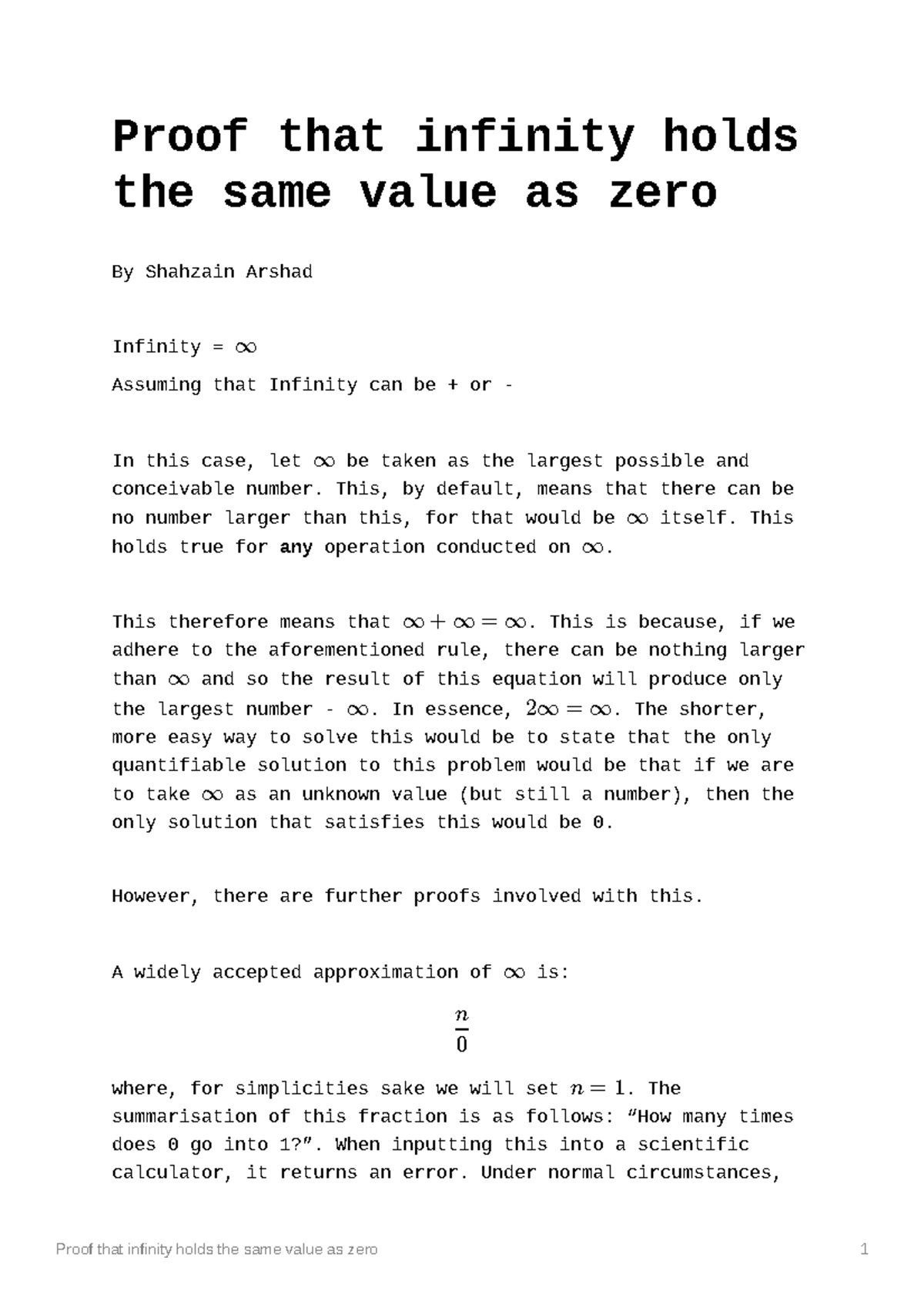 Proof that infinity holds the same value as zero - Proof that infinity ...