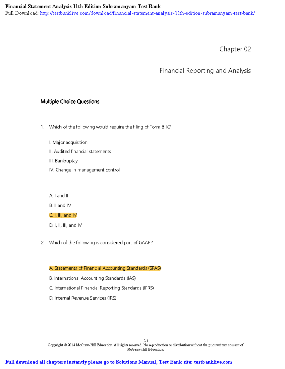 C2 - TEST BANK Financial Analysis (undone) - 2- Copyright © 2014 McGraw ...