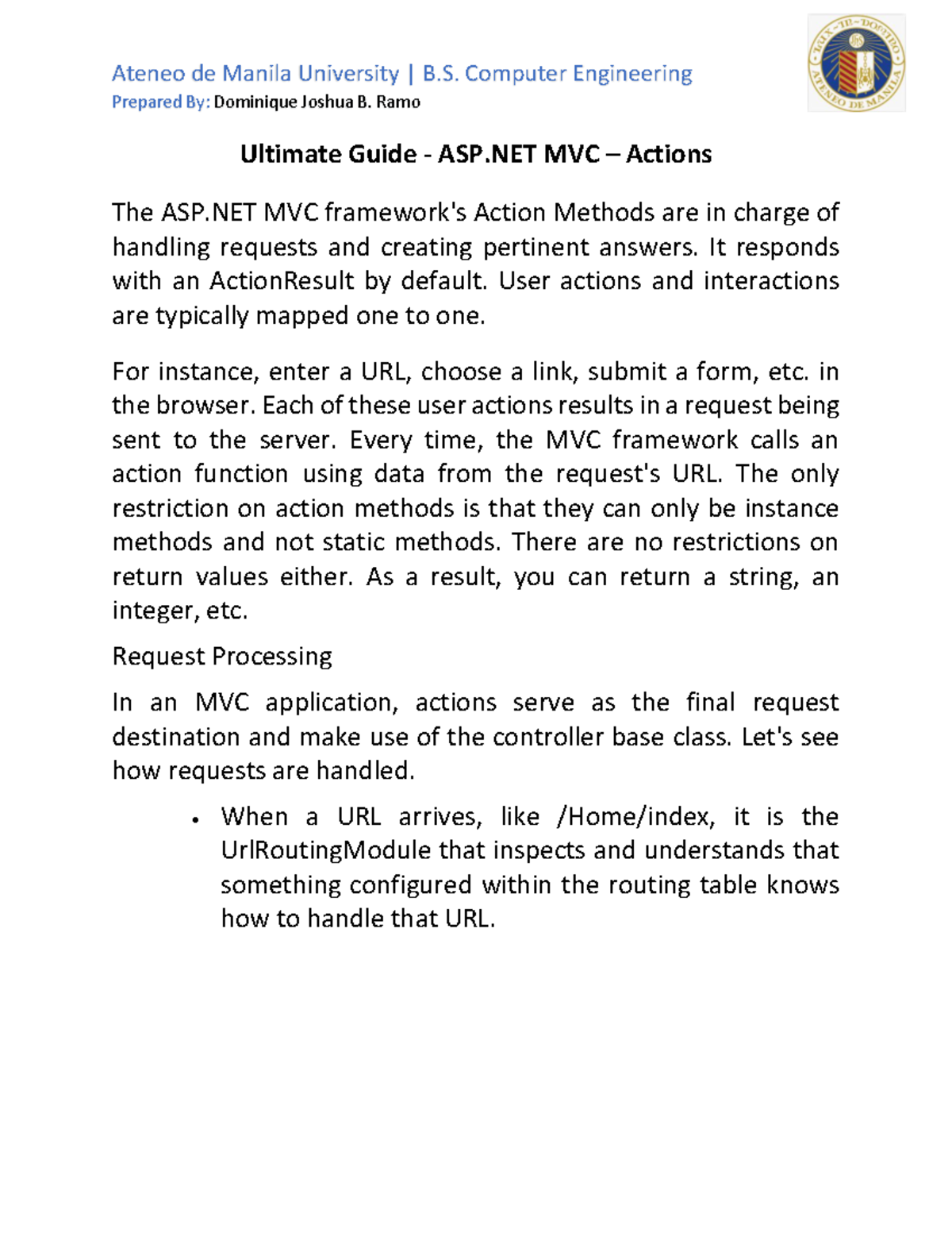 Ultimate Guide - ASP.NET MVC - Actions - Prepared By: Dominique Joshua B. Ramo Ultimate Guide ...