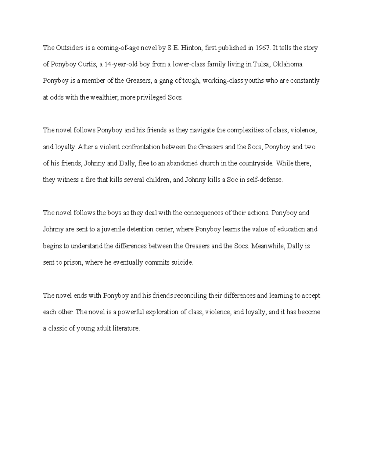 Outsiders Summary - The Outsiders is a coming-of-age novel by S. Hinton ...
