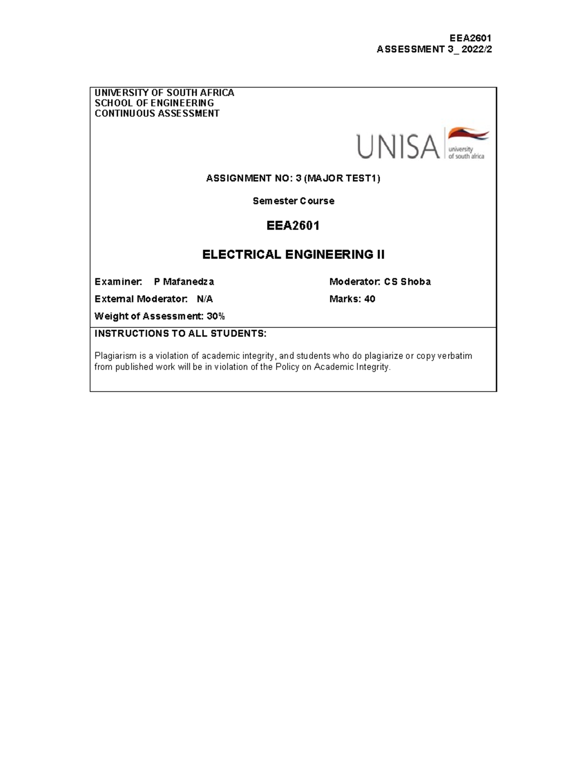 EEA2601 2022 02 Assessment No. 3 - EEA ASSESSMENT 3_ 2022/ UNIVERSITY ...