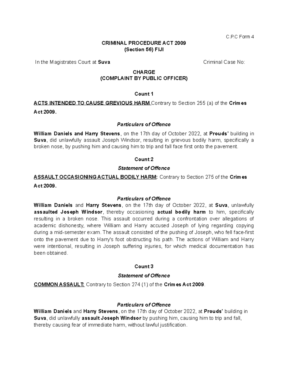 Criminal Charge Sheet- WK 11 - C.P Form 4 CRIMINAL PROCEDURE ACT 2009 ...