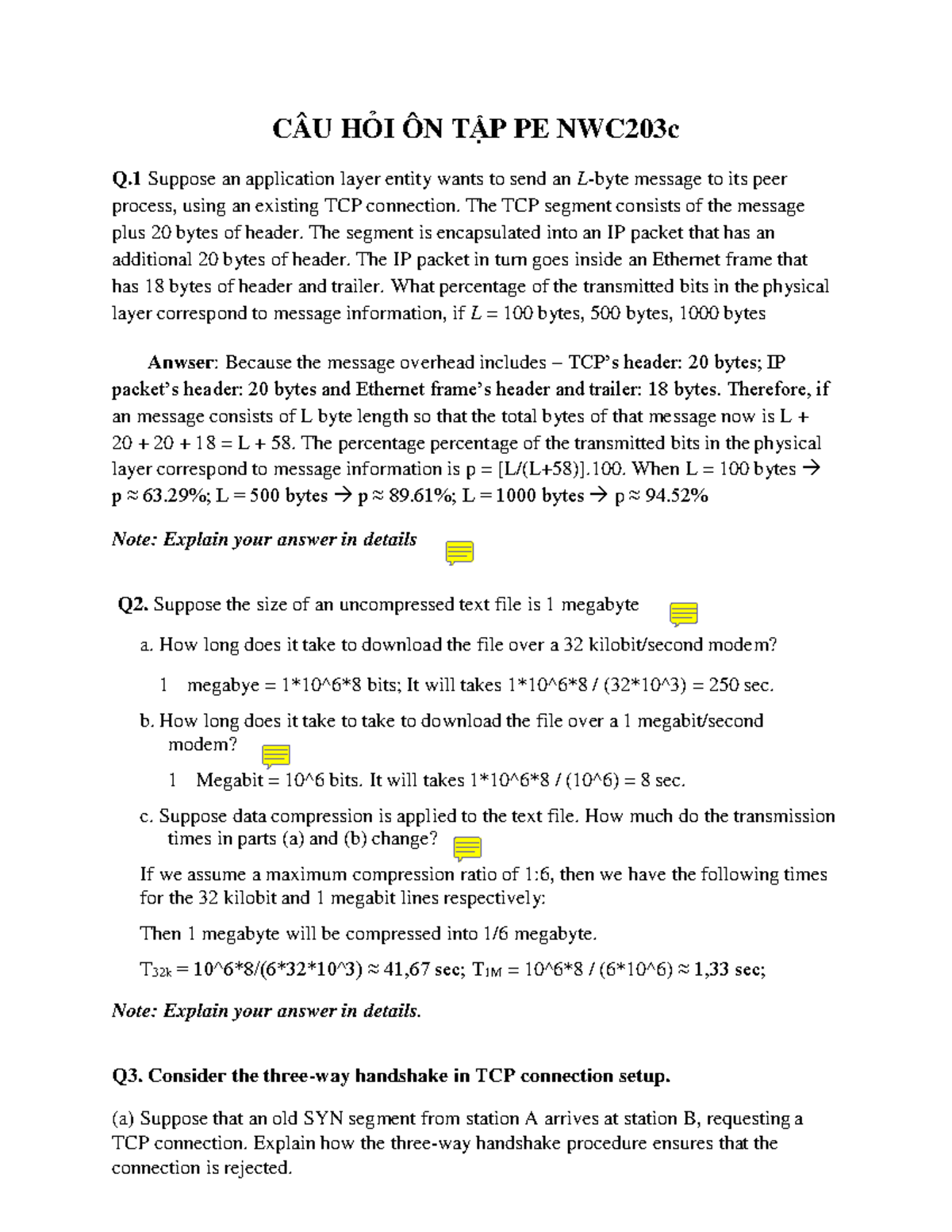 Sample EXAM PE NWC203c-converted - CÂU H伃ऀI ÔN T숃⌀P PE NWC203c Q Suppose an application layer ...