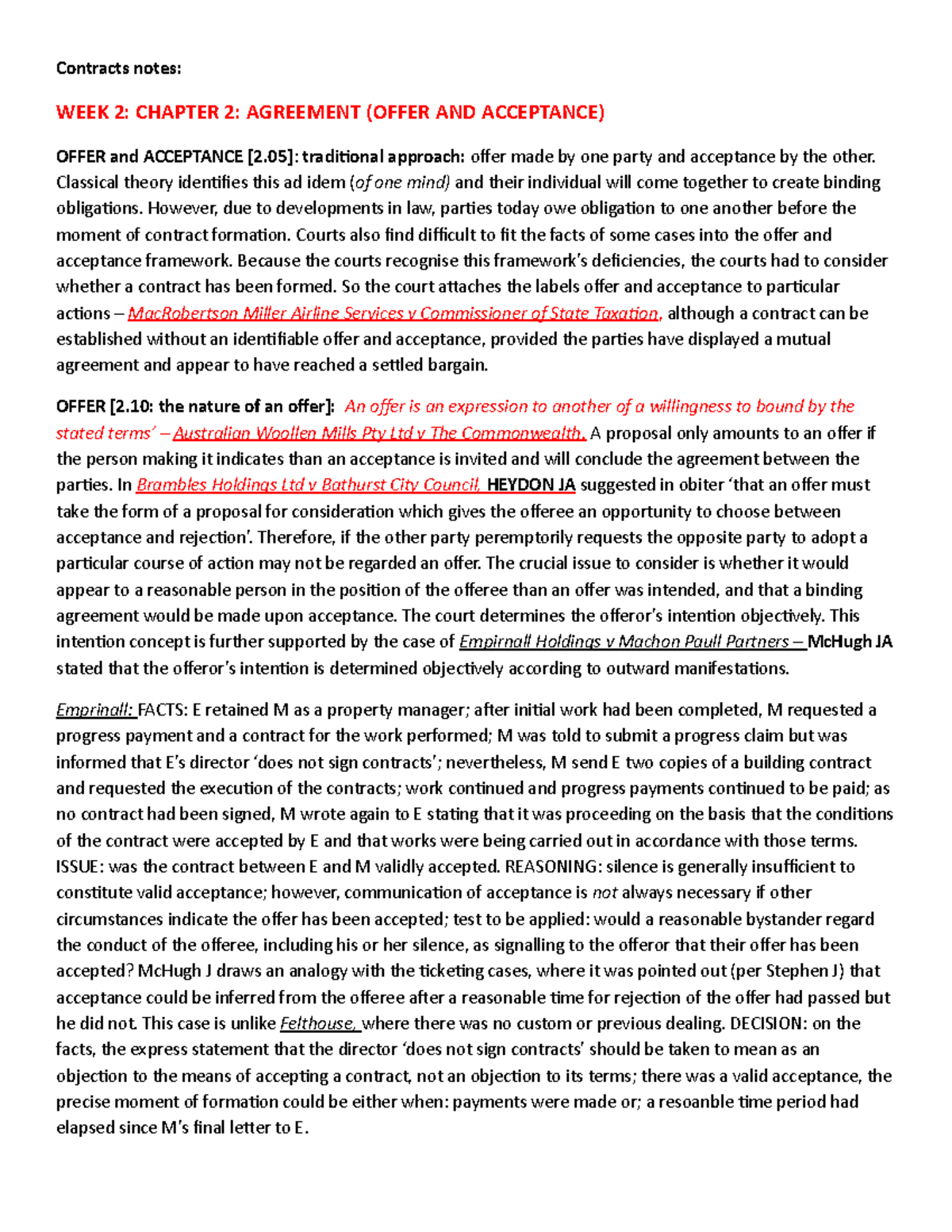 New Contracts notes - Contracts notes: WEEK 2: CHAPTER 2: AGREEMENT ...