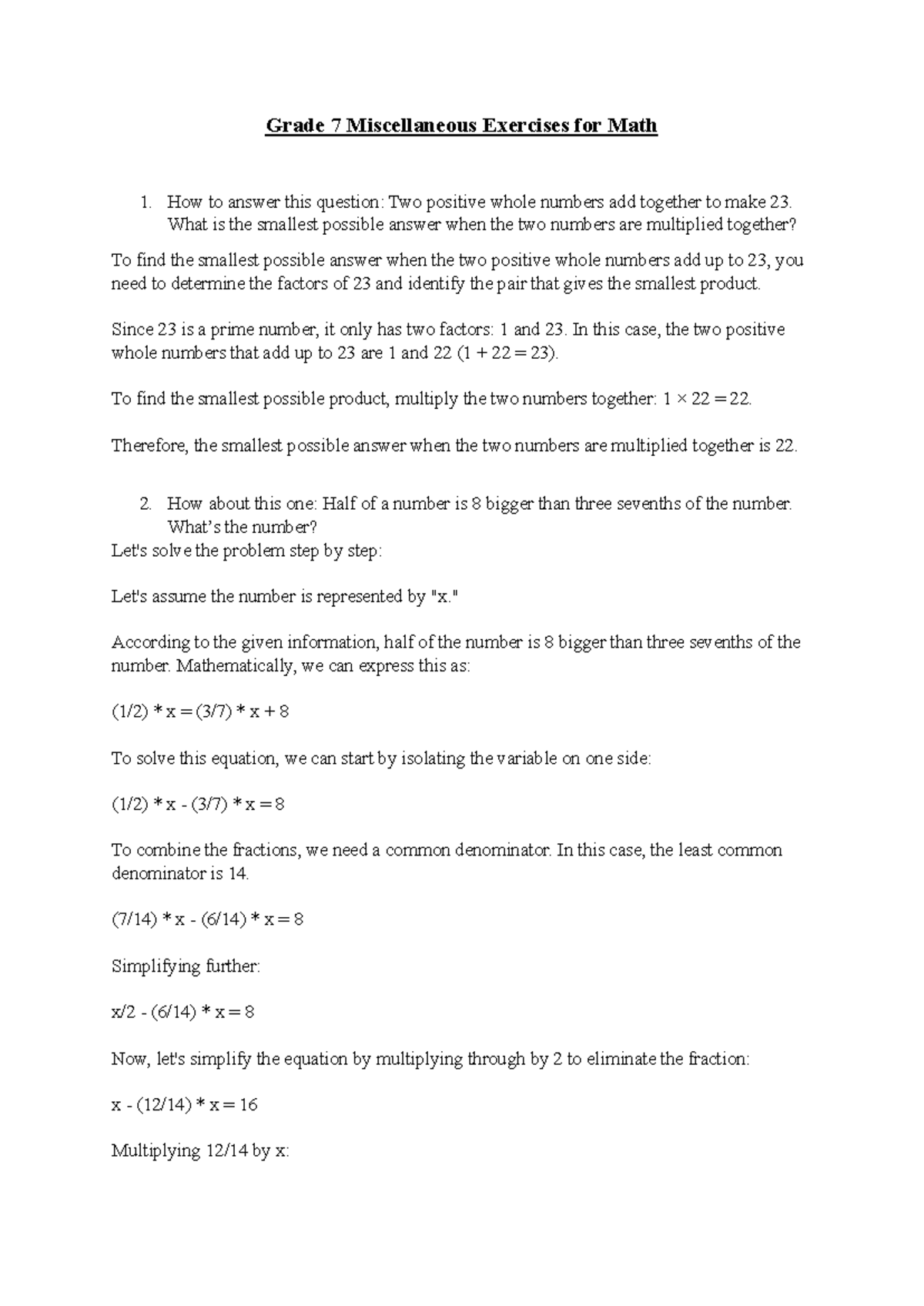 Grade 7 Miscallaneous Exercises for Maths - Grade 7 Miscellaneous ...