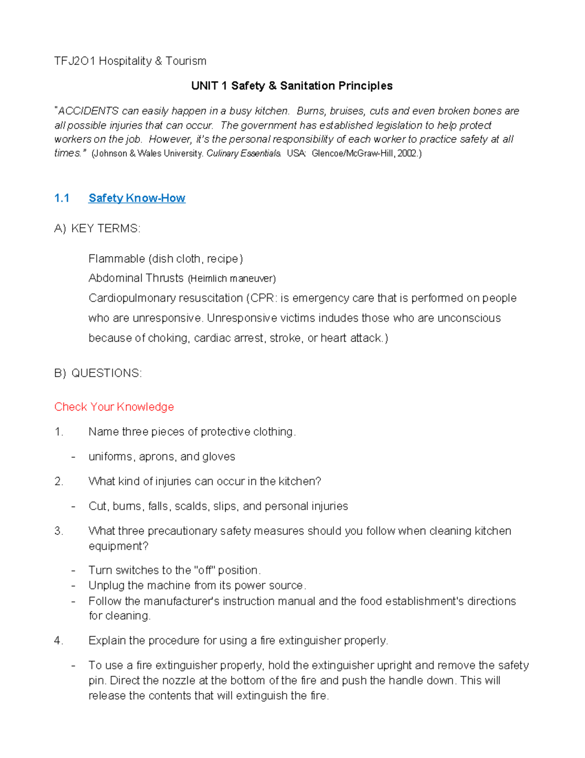 1.1 Textbook Questons Safety Sanitation Principles - TFJ2O1 Hospitality ...