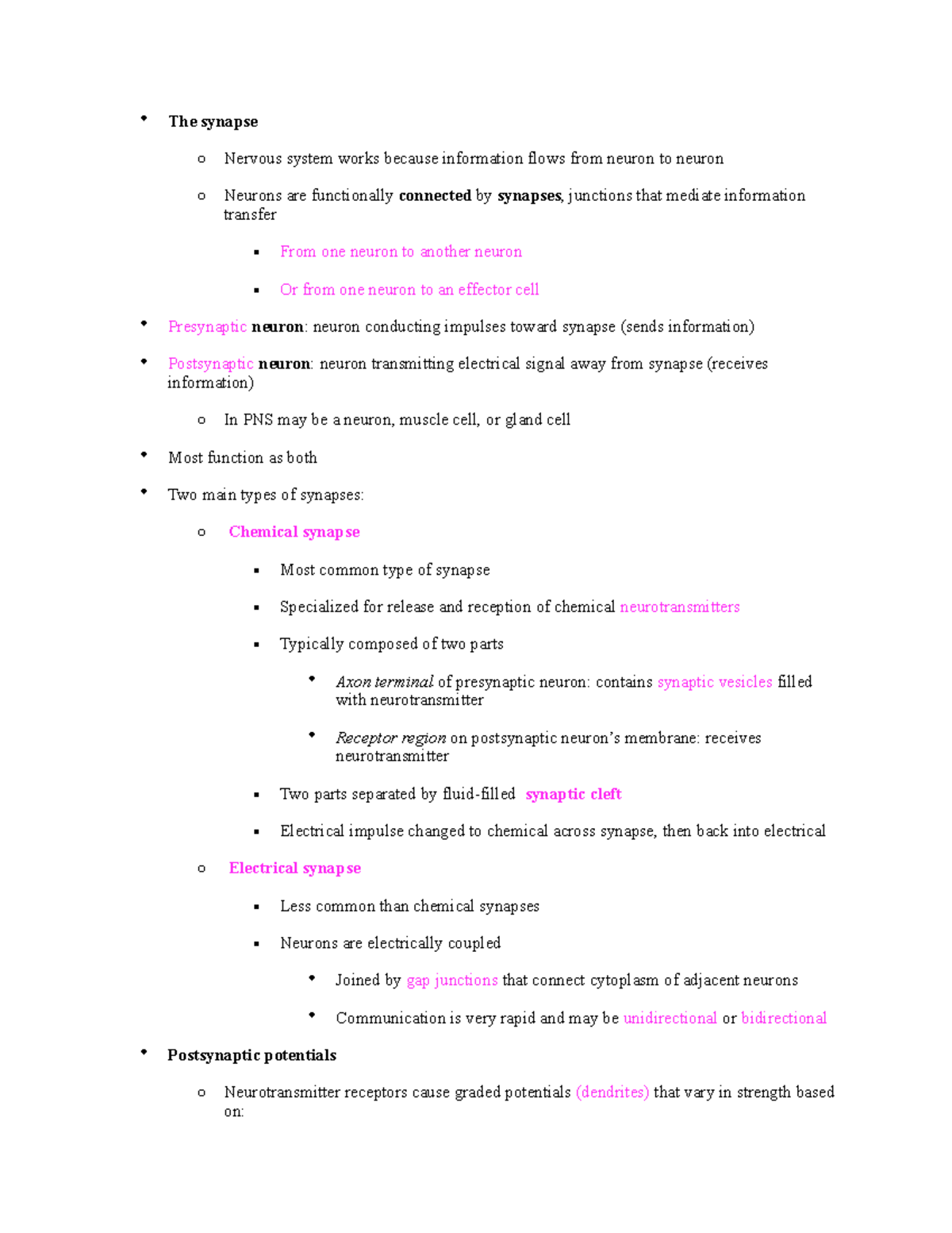 The synapse notes - The synapse o Nervous system works because ...