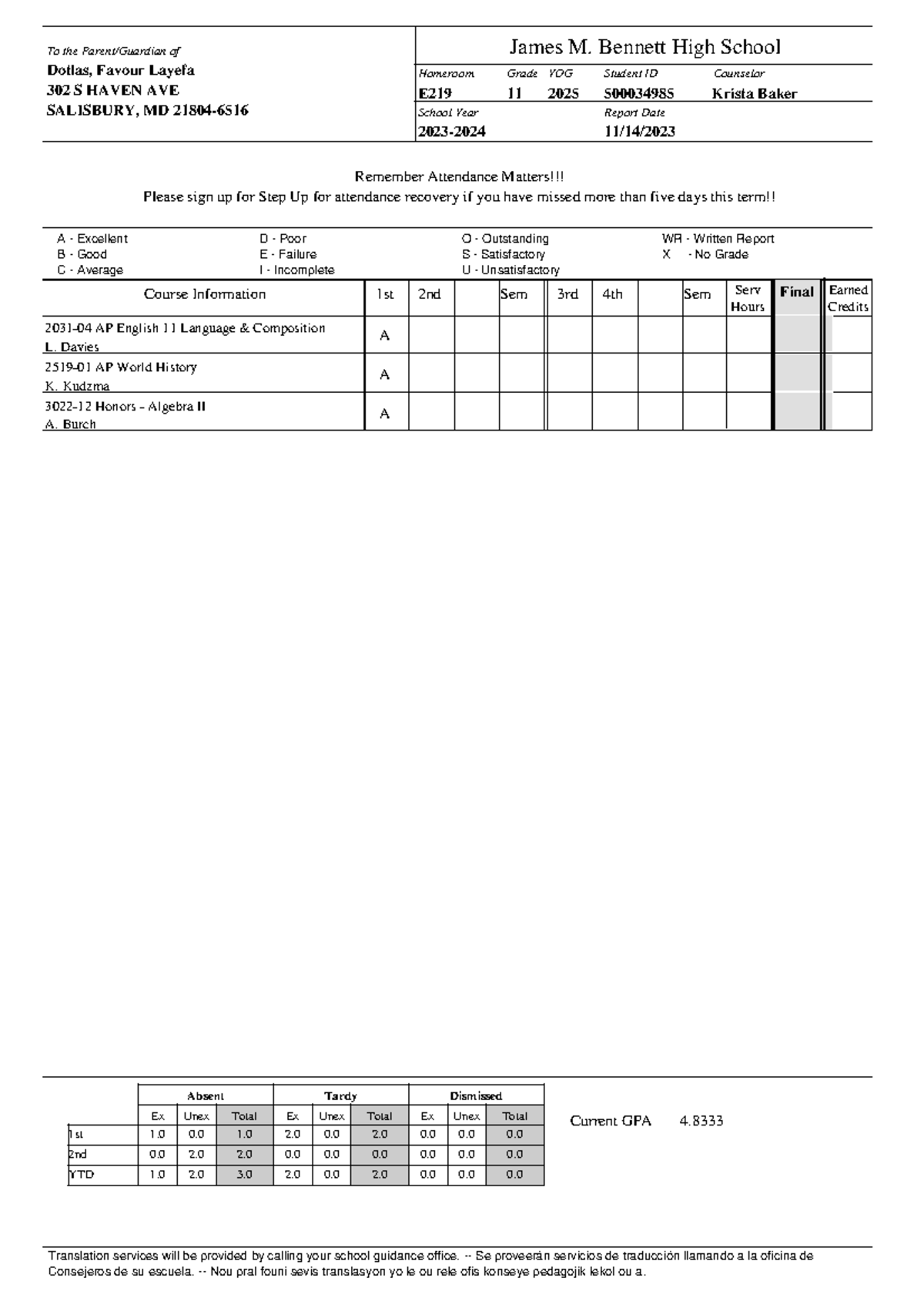Report Card- High School - To the Parent/Guardian of James M. Bennett ...