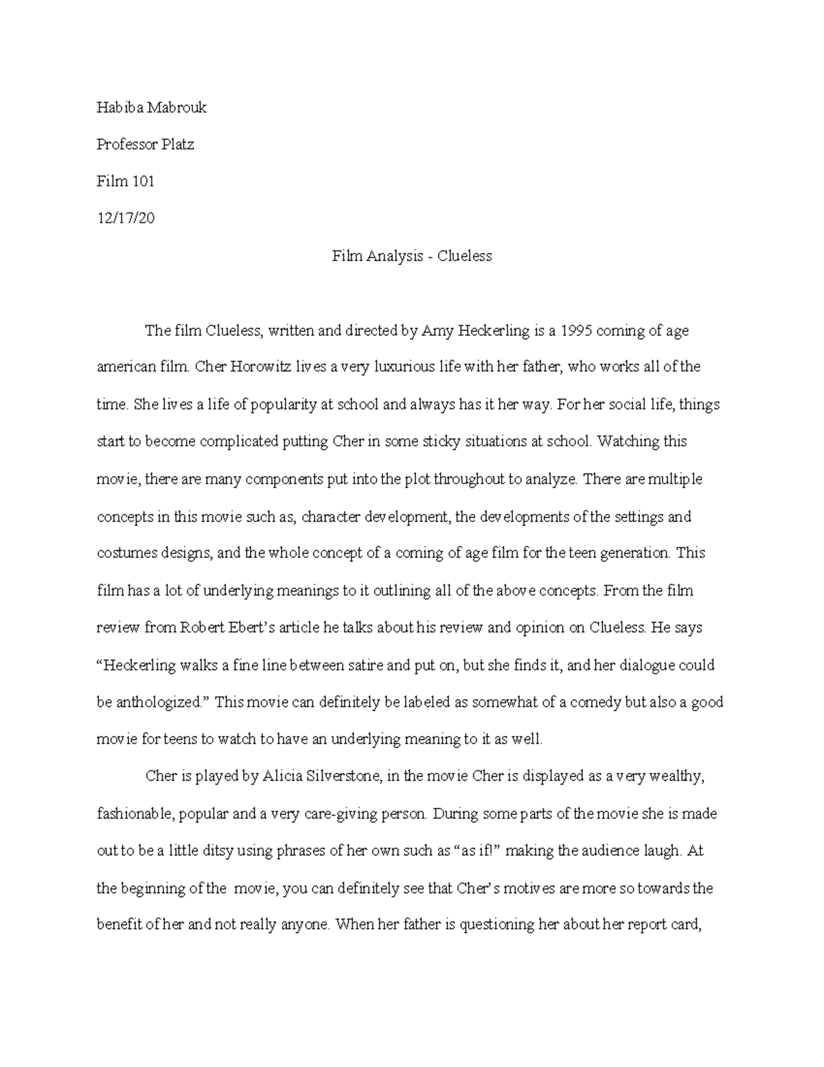 Analytical Research paper - Habiba Mabrouk Professor Platz Film 101 12 ...