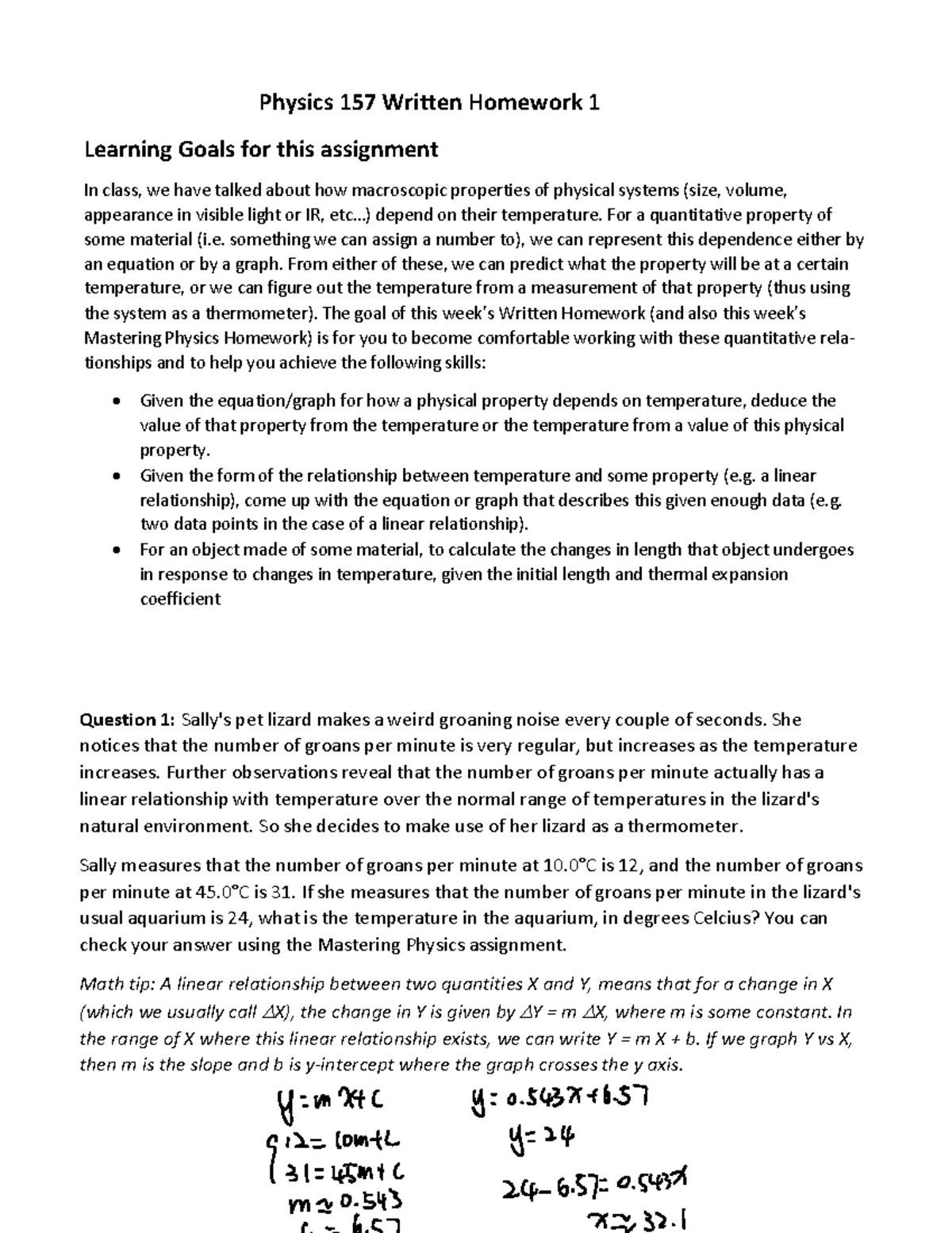 HW1 sssssxxsssss - Physics 157 Written Homework 1 Learning Goals for this assignment In class ...