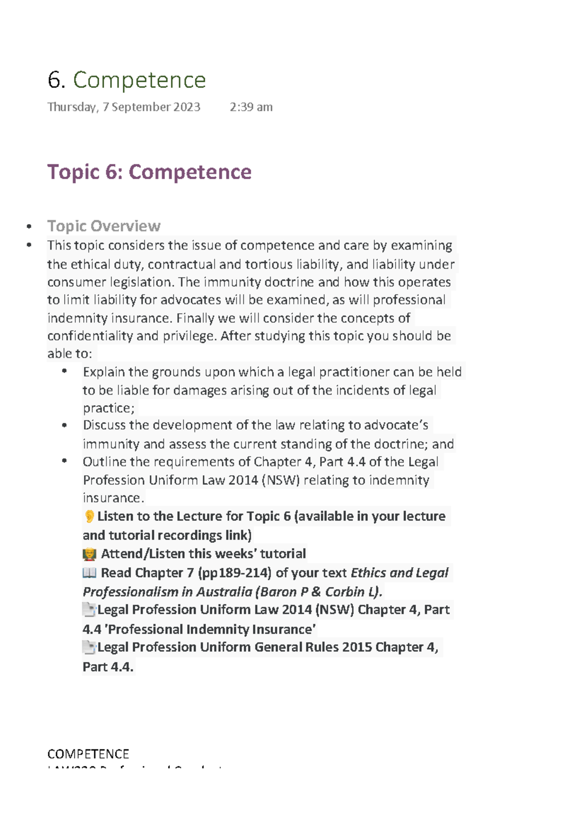 6. Competence - Competance week 6 notes - Topic 6: Competence Topic ...