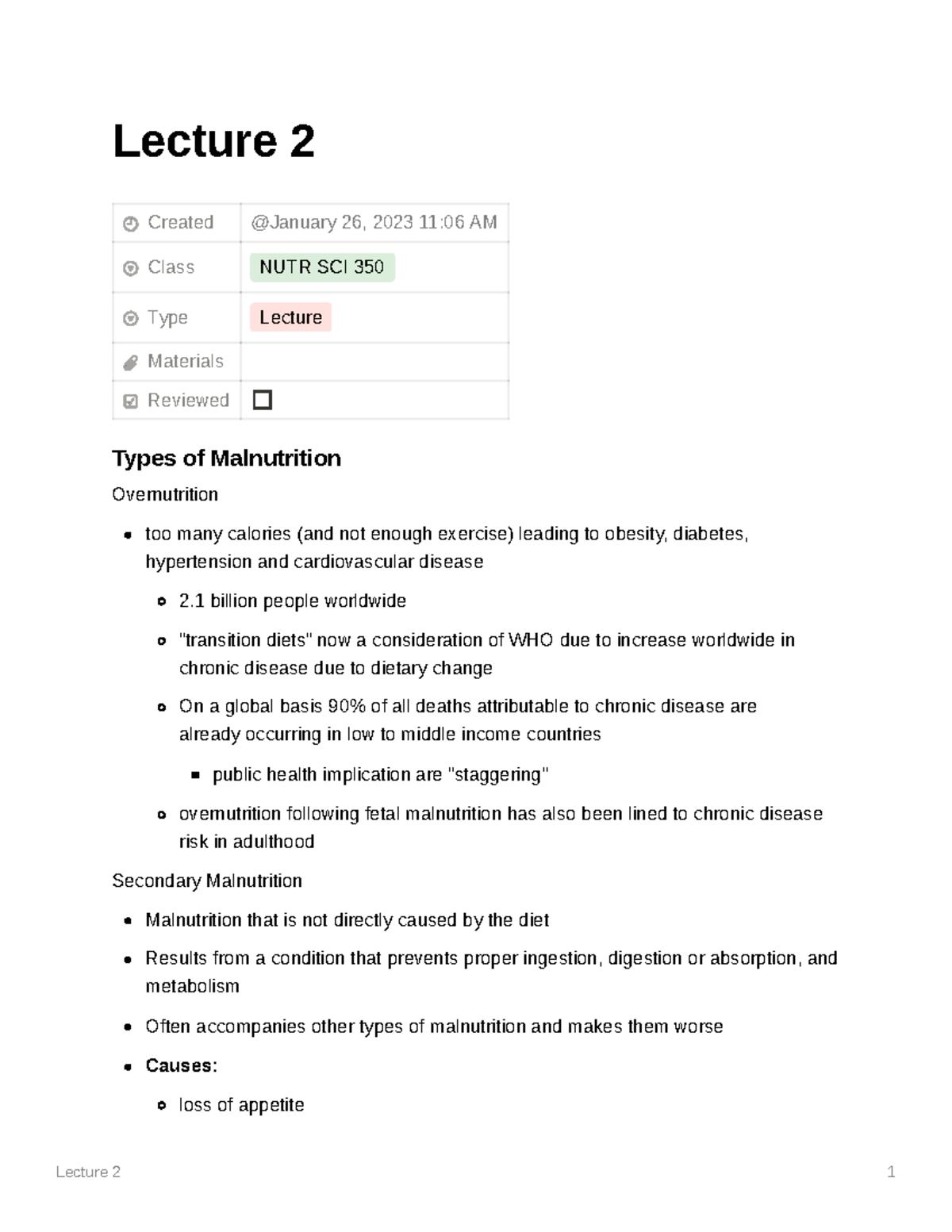 Nutri Sci 350: Lecture 2 - Lecture 2 Created Class NUTR SCI 350 Type Lecture Materials Reviewed ...