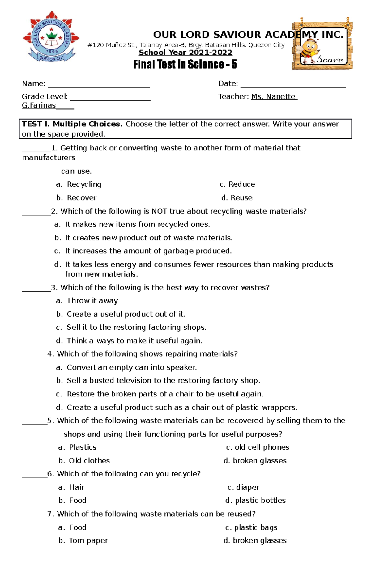 Final Test in Science 5 - OUR LORD SAVIOUR ACADEMY INC. #120 Muñoz St ...