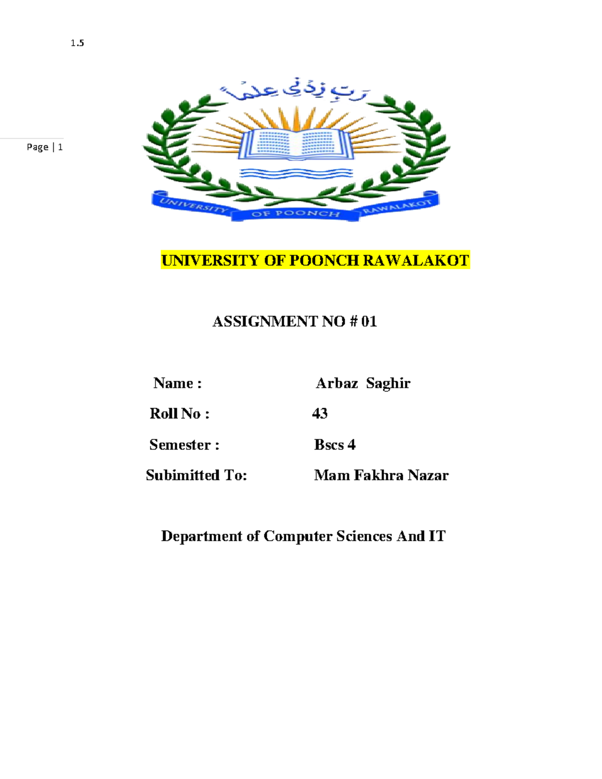 Assembly Assignment-1 - Page | 1 UNIVERSITY OF POONCH RAWALAKOT ASSIGNMENT NO # 01 Name : Arbaz ...