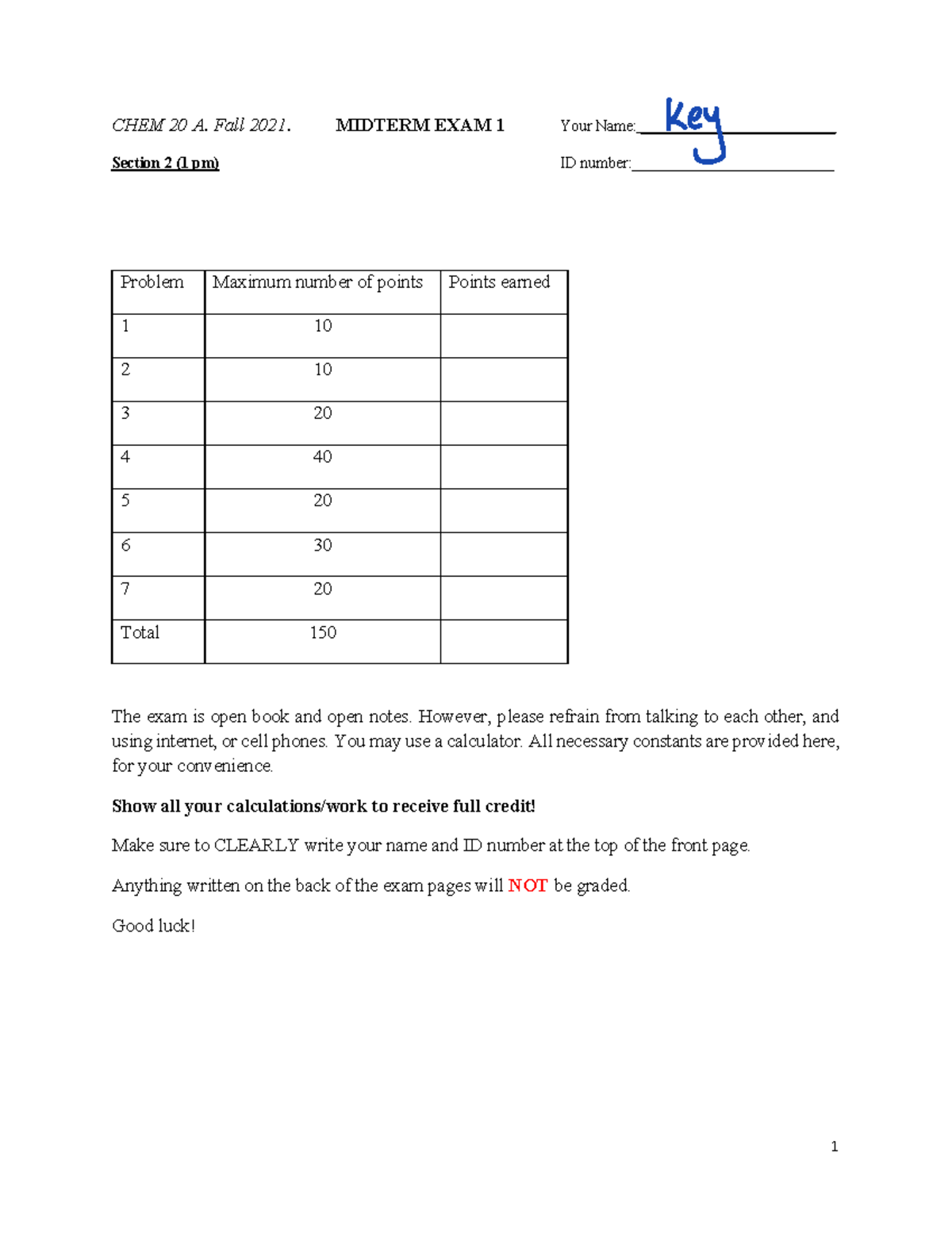 Chem 20A - Midterm 1 (Section 2) - Answer Key - CHEM 20 A. Fall 2021. MIDTERM EXAM 1 Your Name ...