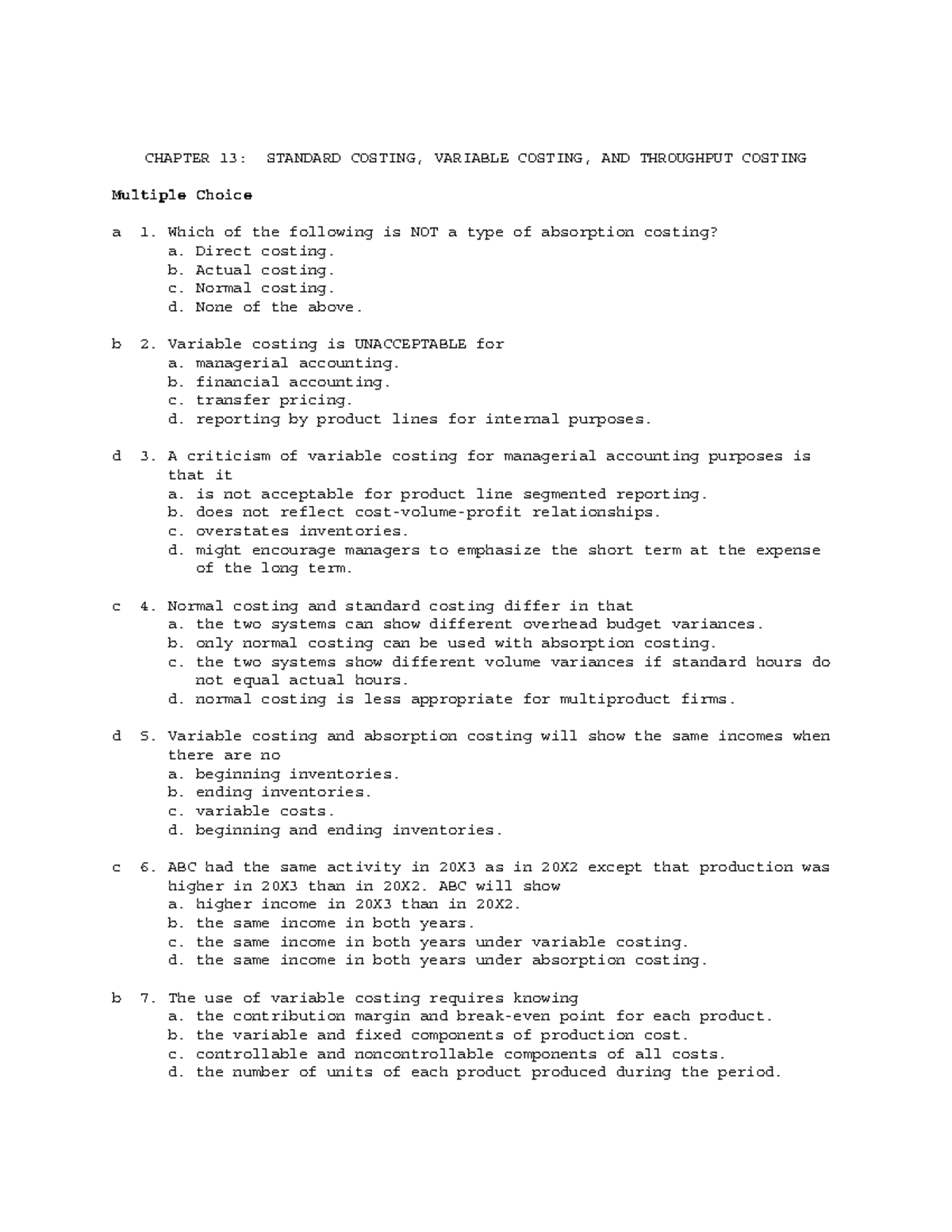 Acdcexercise II - test bank abcd costing - CHAPTER 13: STANDARD COSTING ...