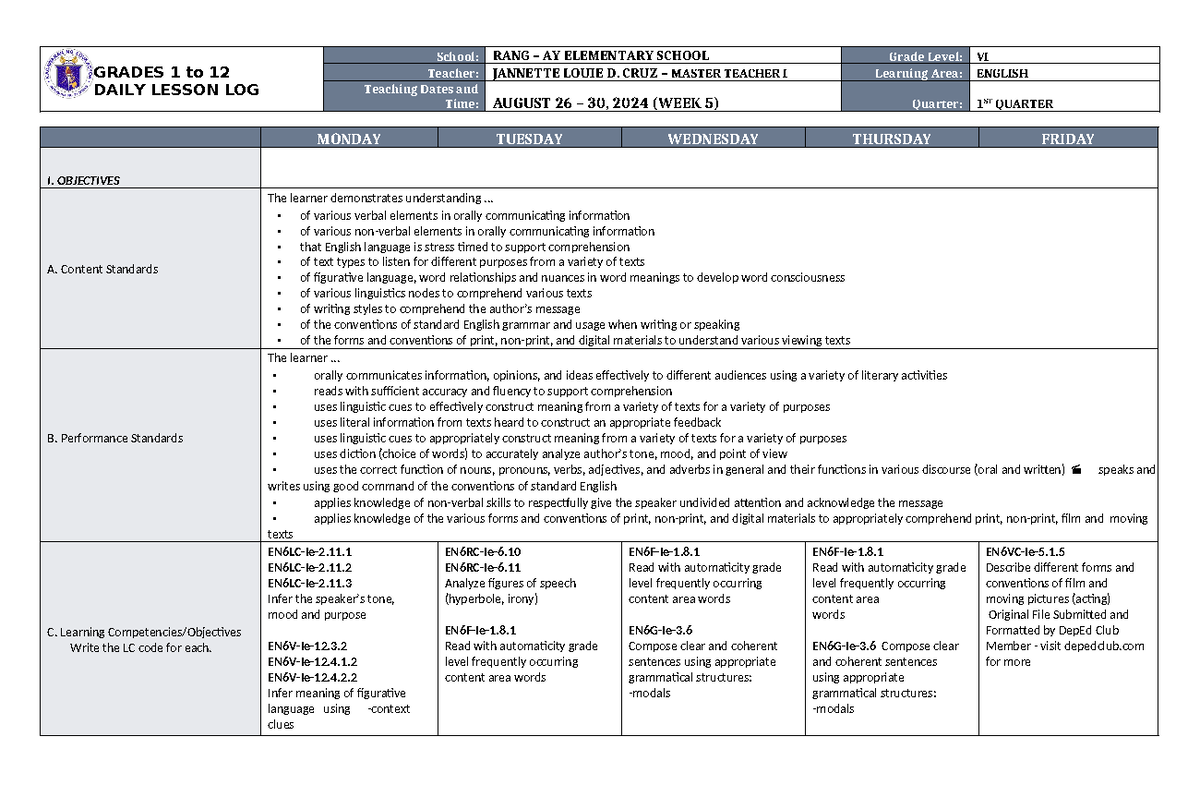 DLL English 6 Q1 W5 - The Daily Lesson Log (DLL) is a fundamental ...