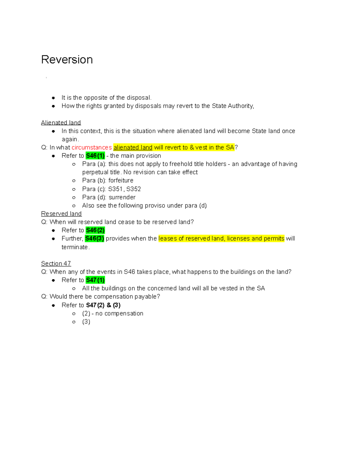 LAND LAW I: REVERSION (NOTE) - Reversion It is the opposite of the ...