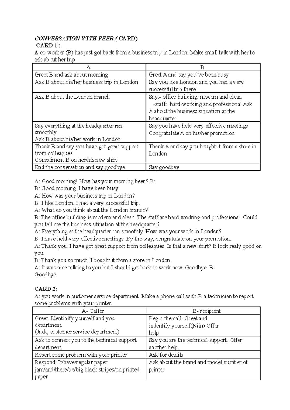 CARD - CARD - CONVERSATION WITH PEER ( CARD) CARD 1 : A co-worker (B ...
