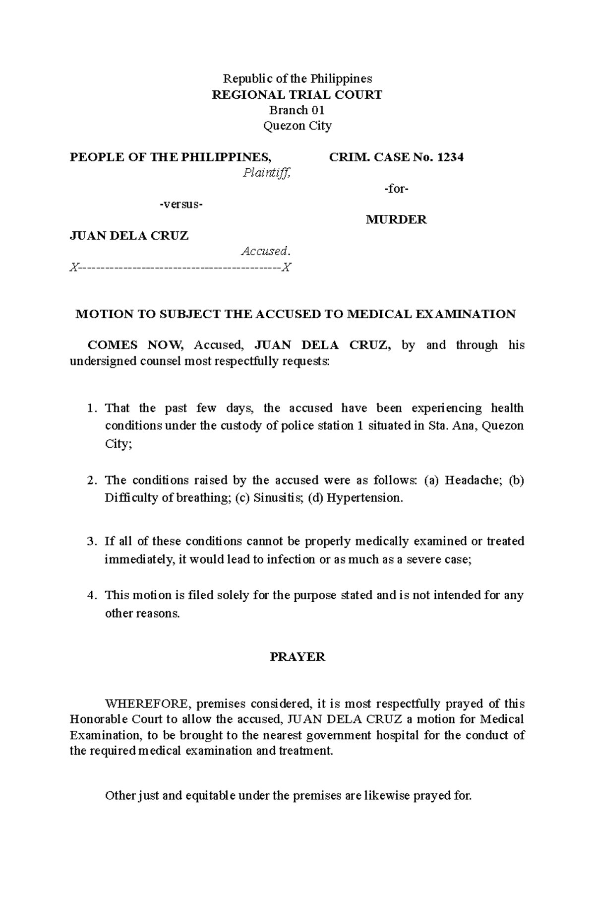 Motion TO Medical Examination Republic Of The Philippines REGIONAL