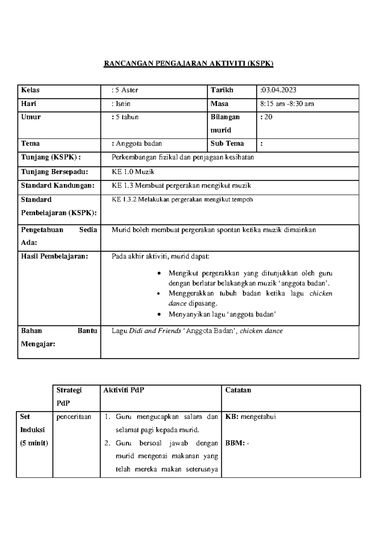 RPH Template ( Circle TIME) - RANCANGAN PENGAJARAN AKTIVITI (KSPK ...