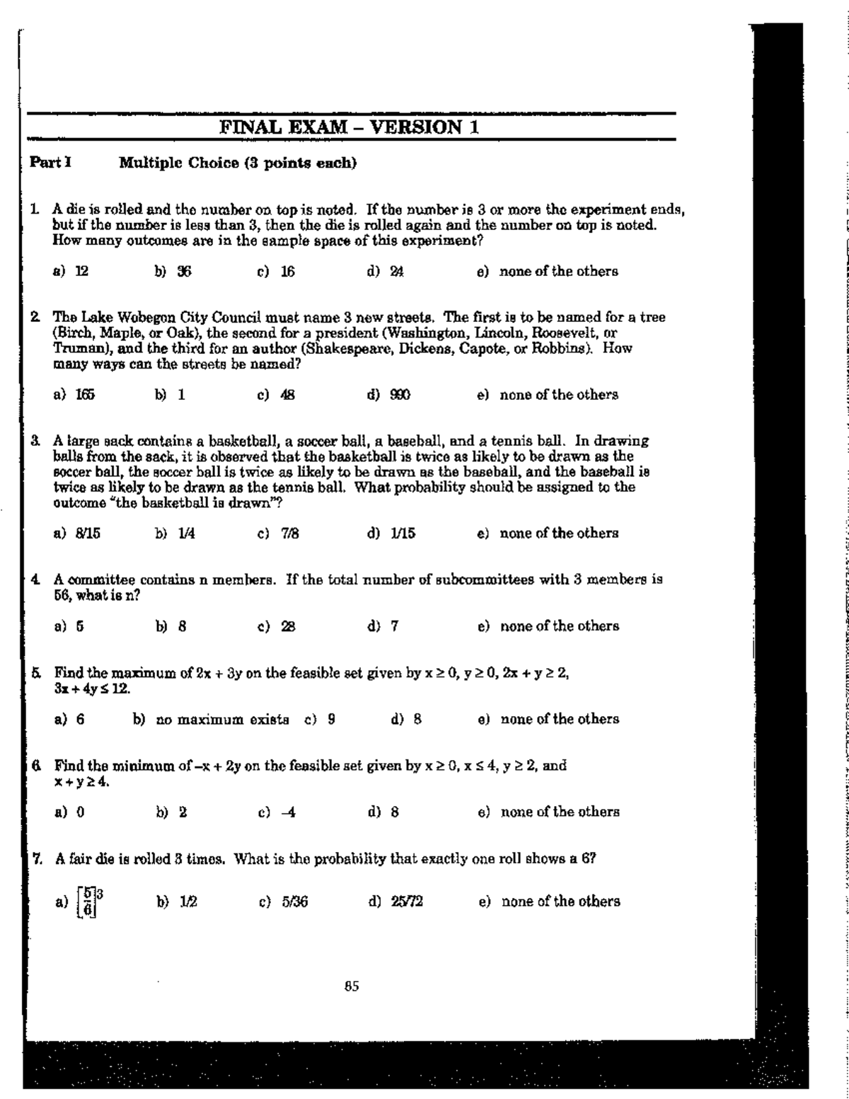 Sample Final V1 - FINAL EXAM VERSION 1 Part I Multiple Choice (3 points ...